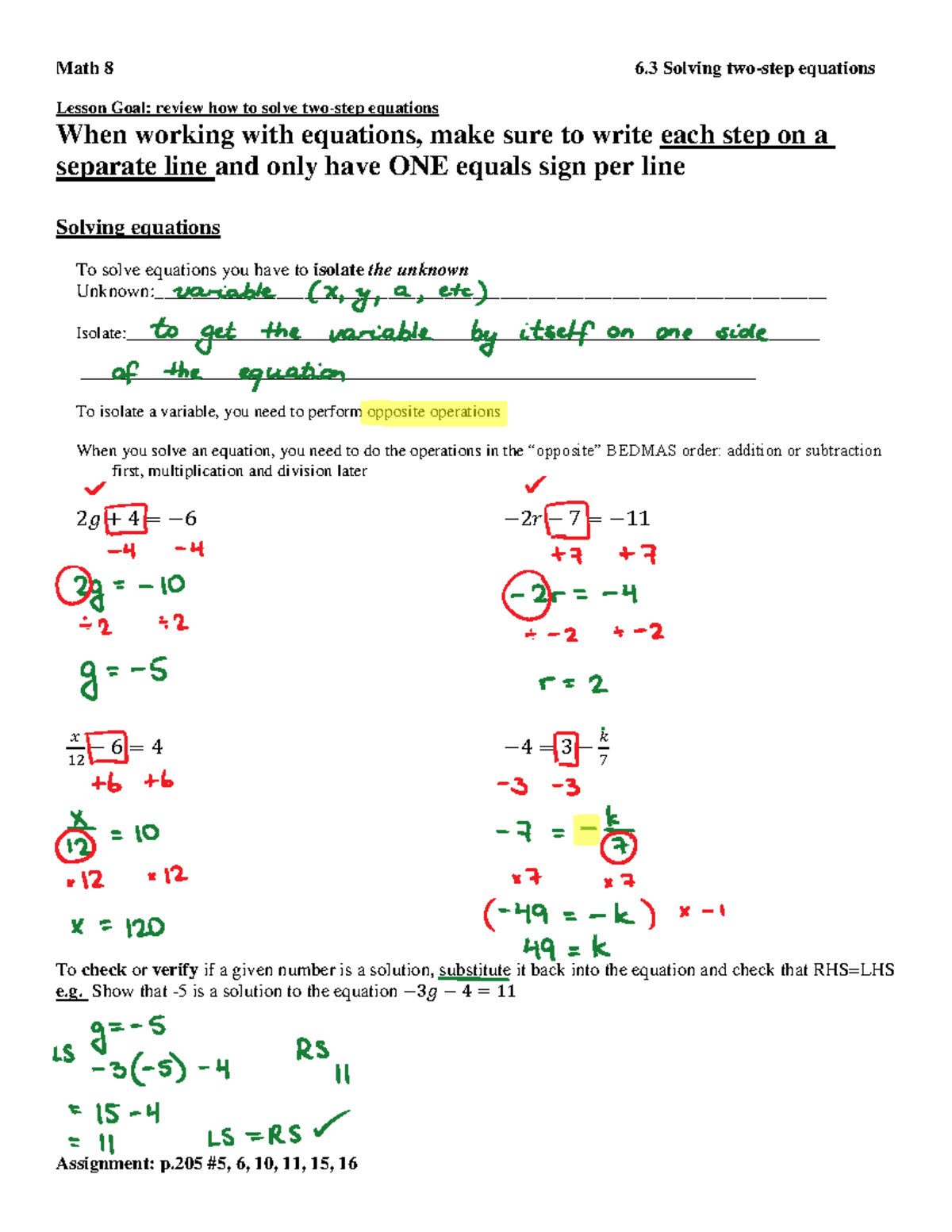 6.3 two-step equations completed - Math 8 6 Solving two-step equations ...