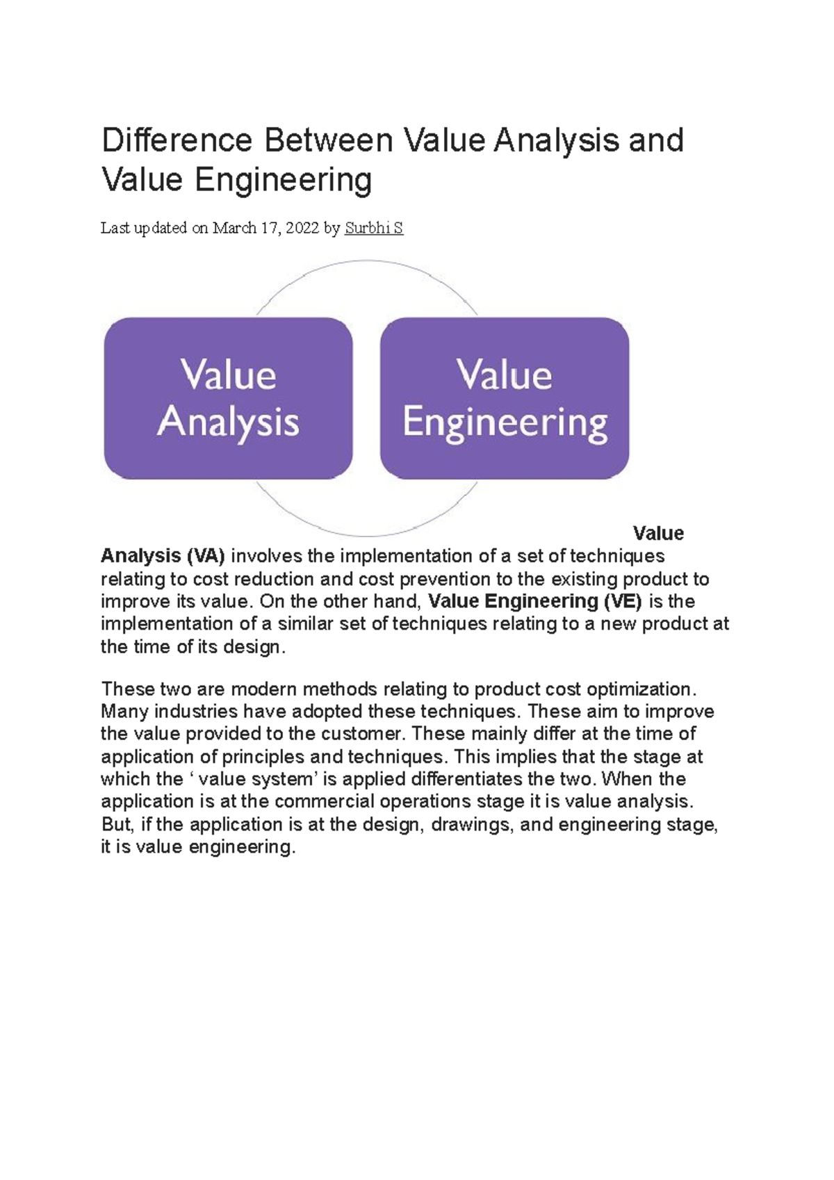 Value Analysis and Value Engineering - Difference Between Value Analysis and Value Engineering ...