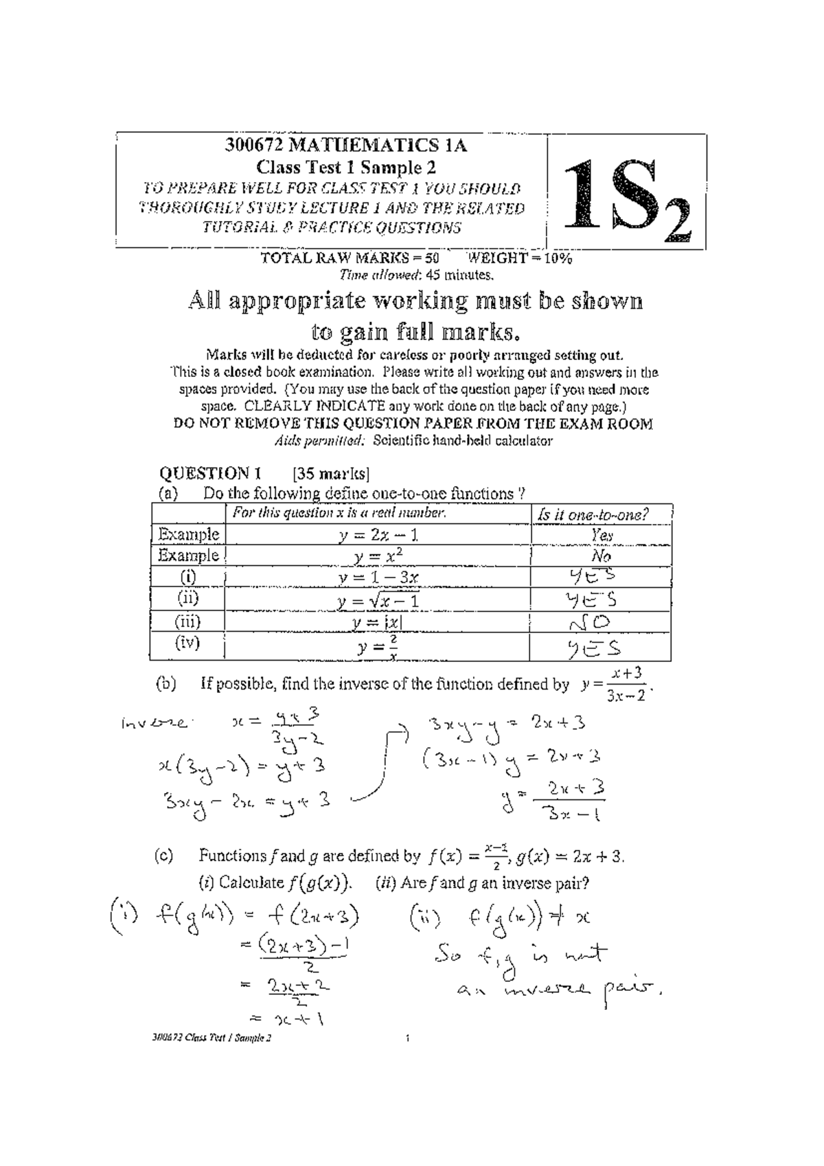 300672 Mathematics 1A Class Test 1 Sample 2 Solutions pdf A17 - 300672 ...