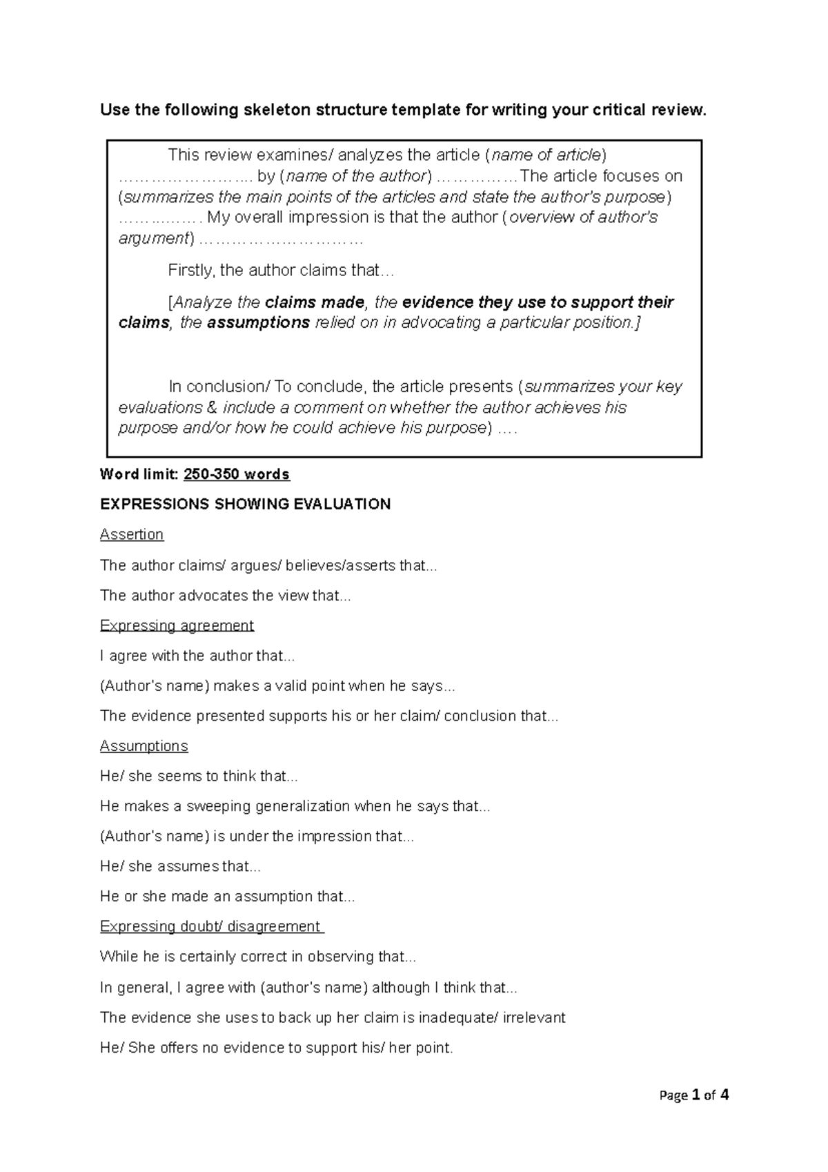Critical Review Template - Use the following skeleton structure ...