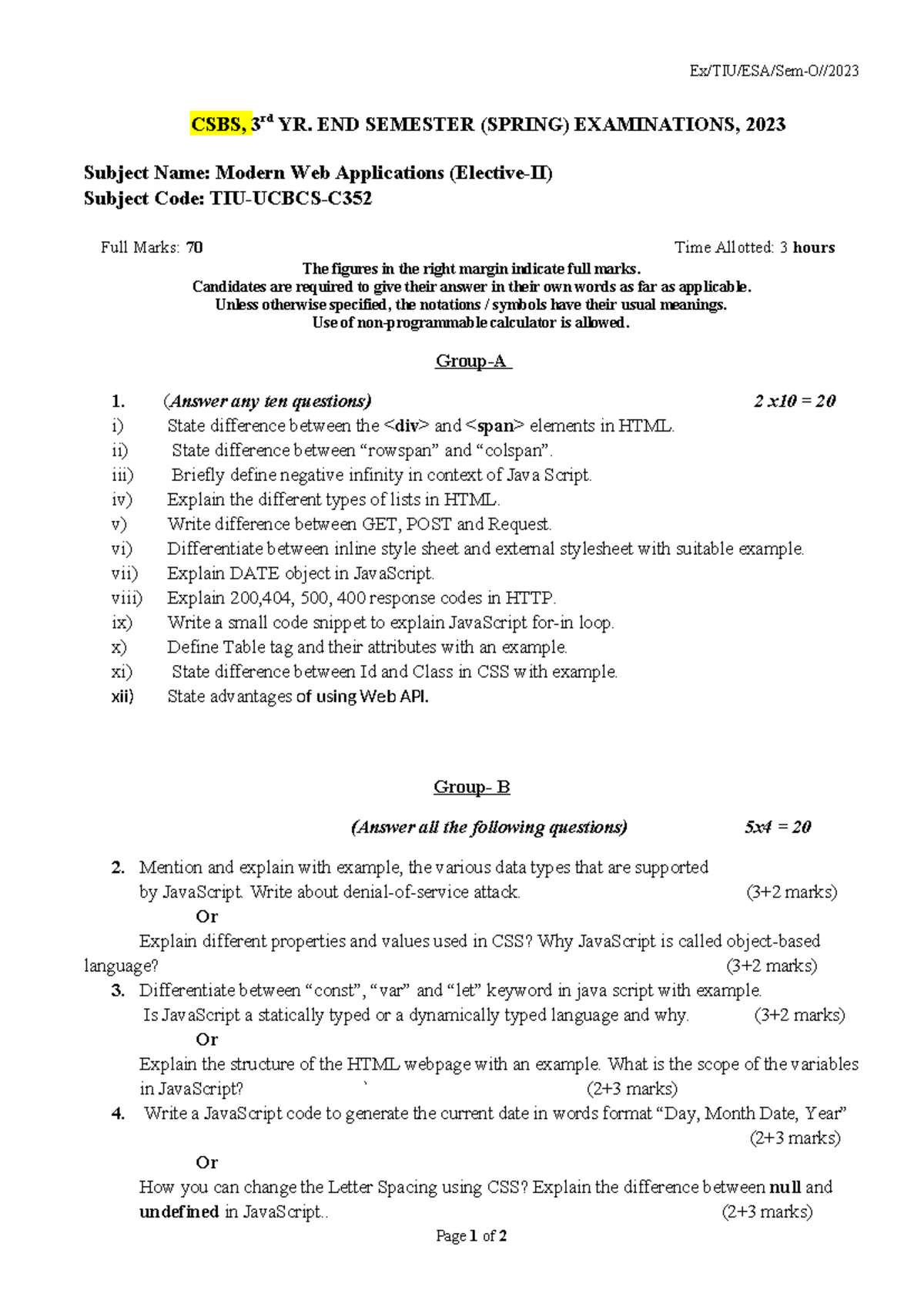 Question paper _DATA STRUCTURE - Ex/TIU/ESA/Sem-O// CSBS, 3 rd YR. END ...
