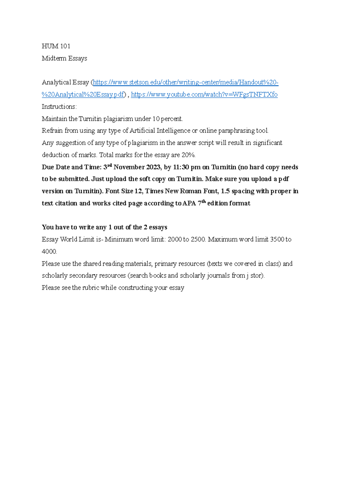 HUM 101 Fall 2023 Midterm Questions - HUM 101 Midterm Essays Analytical ...