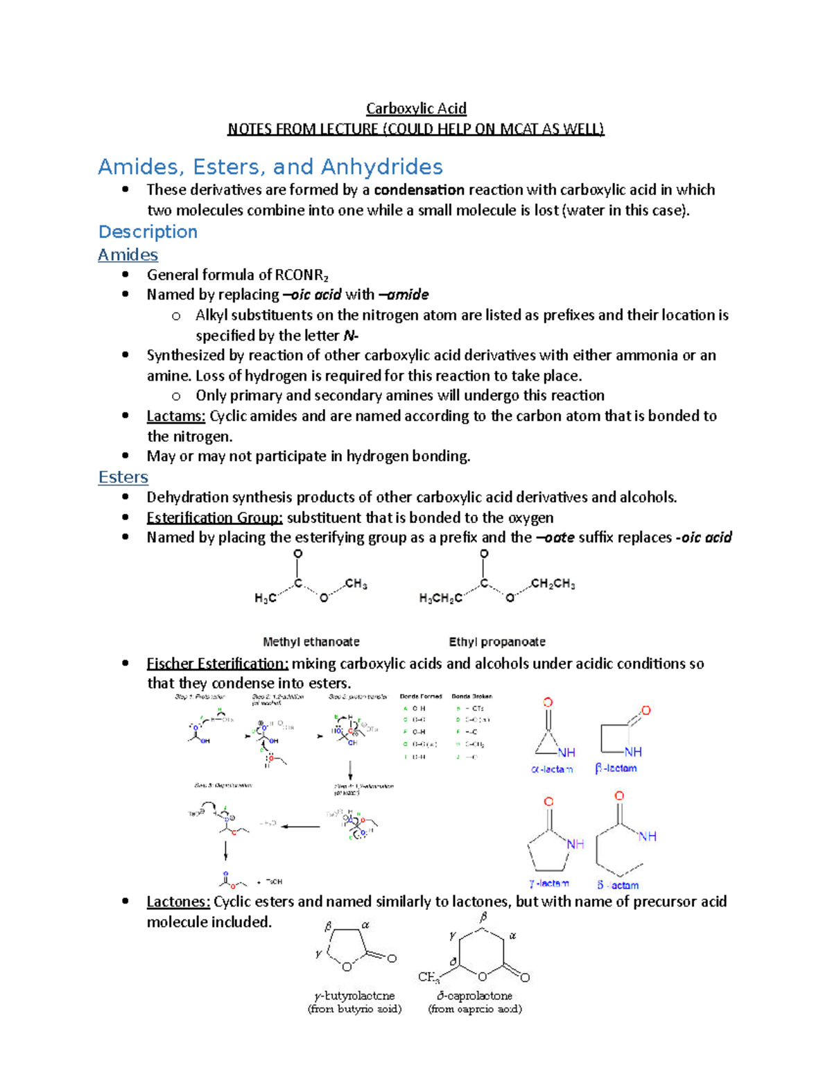 Carboxylic Acid Derivatives - Carboxylic Acid NOTES FROM LECTURE (COULD ...