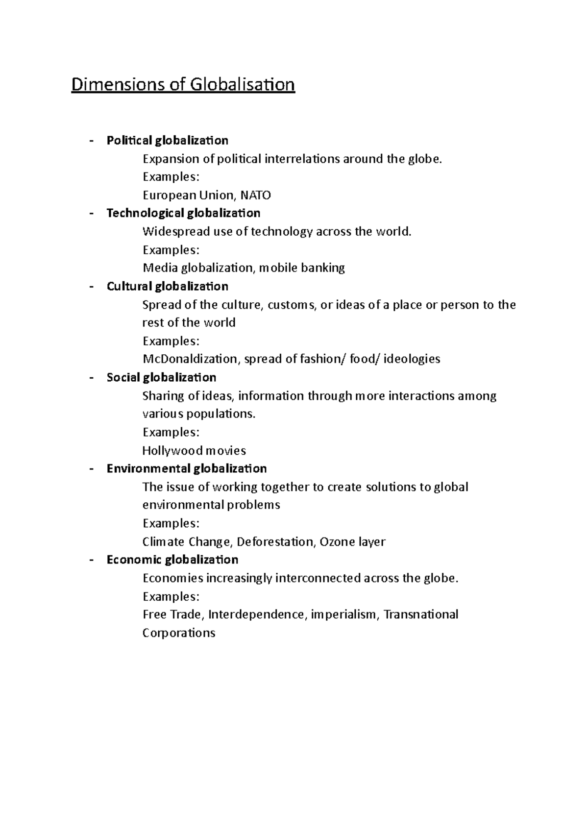 Dimensions of Globalisation - Dimensions of Globalisation Political ...