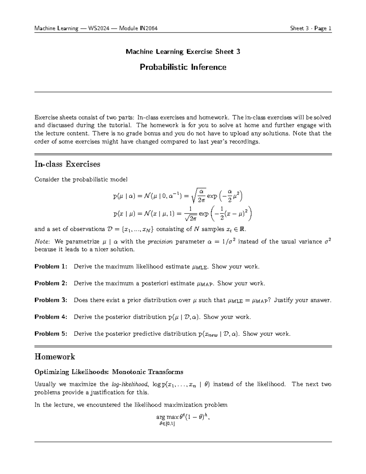 Exercise 03 prob inference - Machine Learning — WS2024 — Module IN2064 Sheet 3 · Page 1 Machine ...