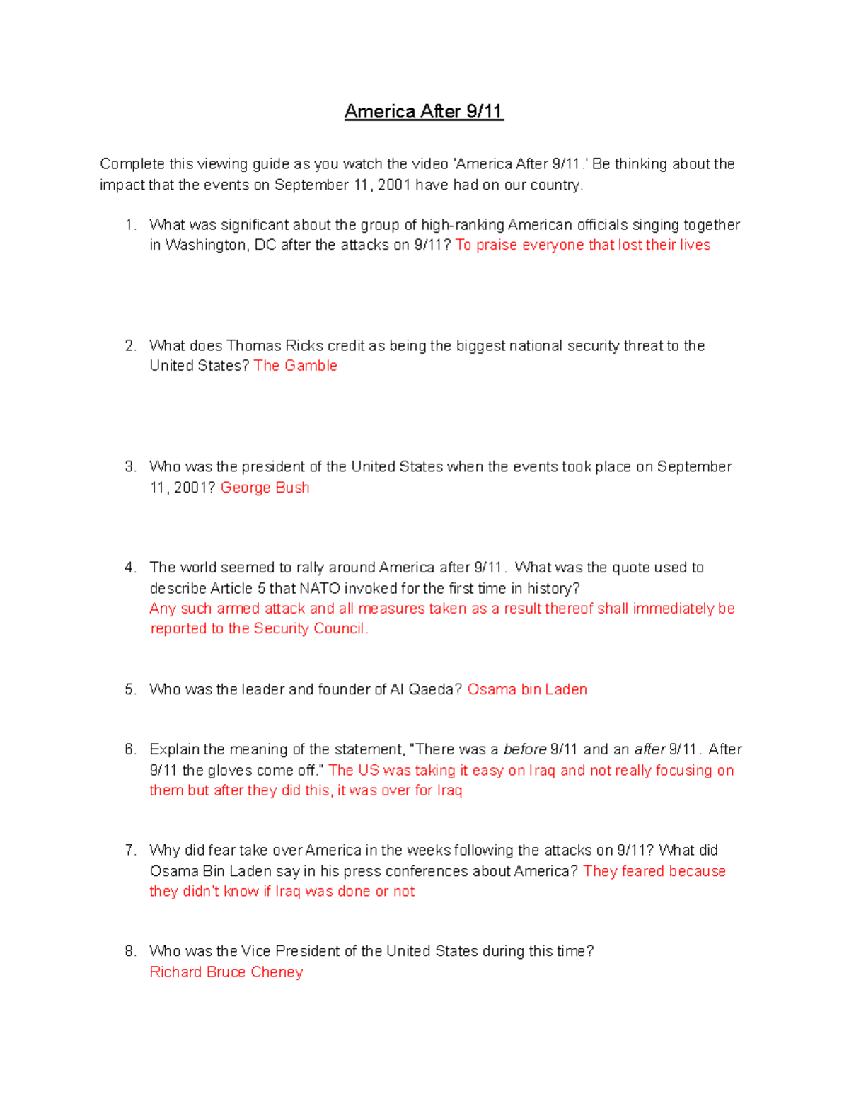 Copy of America After 9 11 Viewing Guide - America After 9/ Complete ...