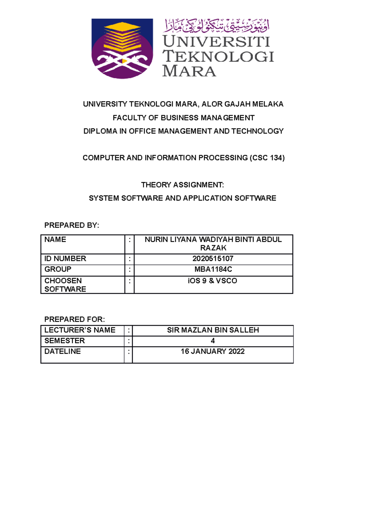 Ios 9 and vcso - Ios 9 and vcso - UNIVERSITY TEKNOLOGI MARA, ALOR GAJAH ...