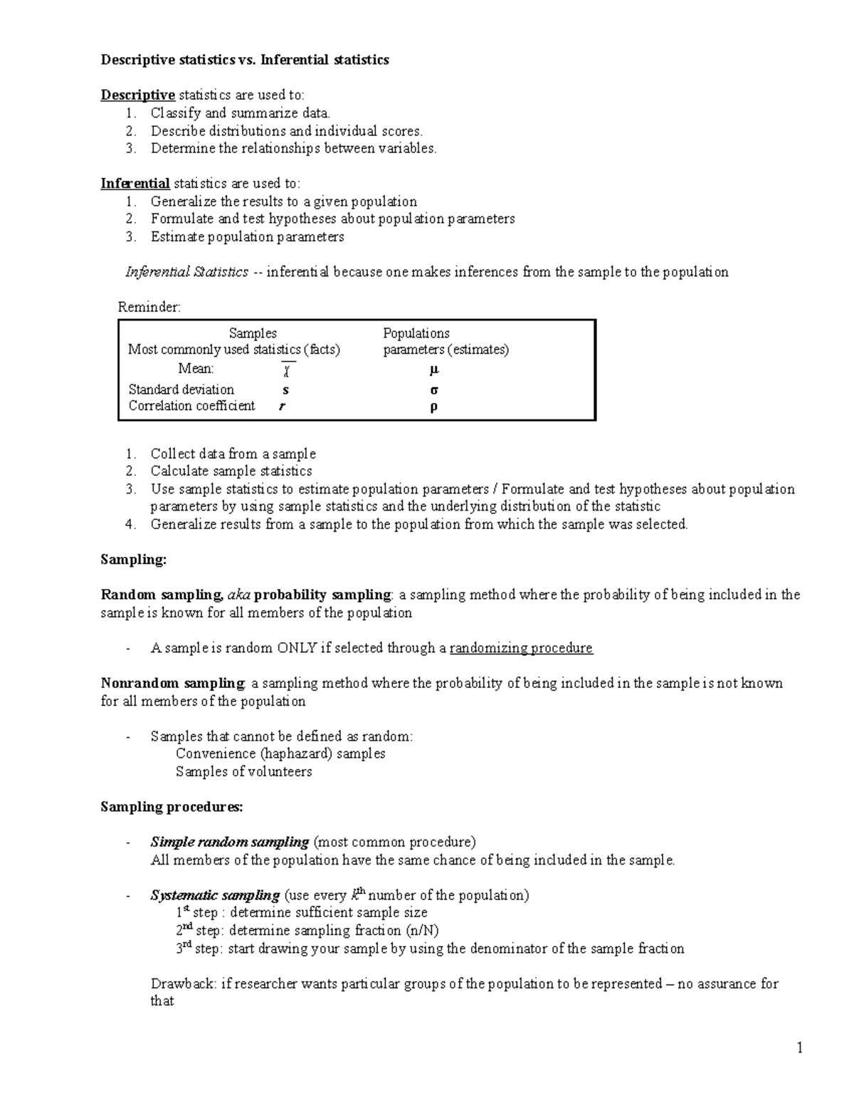 Notes Chap 7prob Sampling - Descriptive statistics vs. Inferential ...