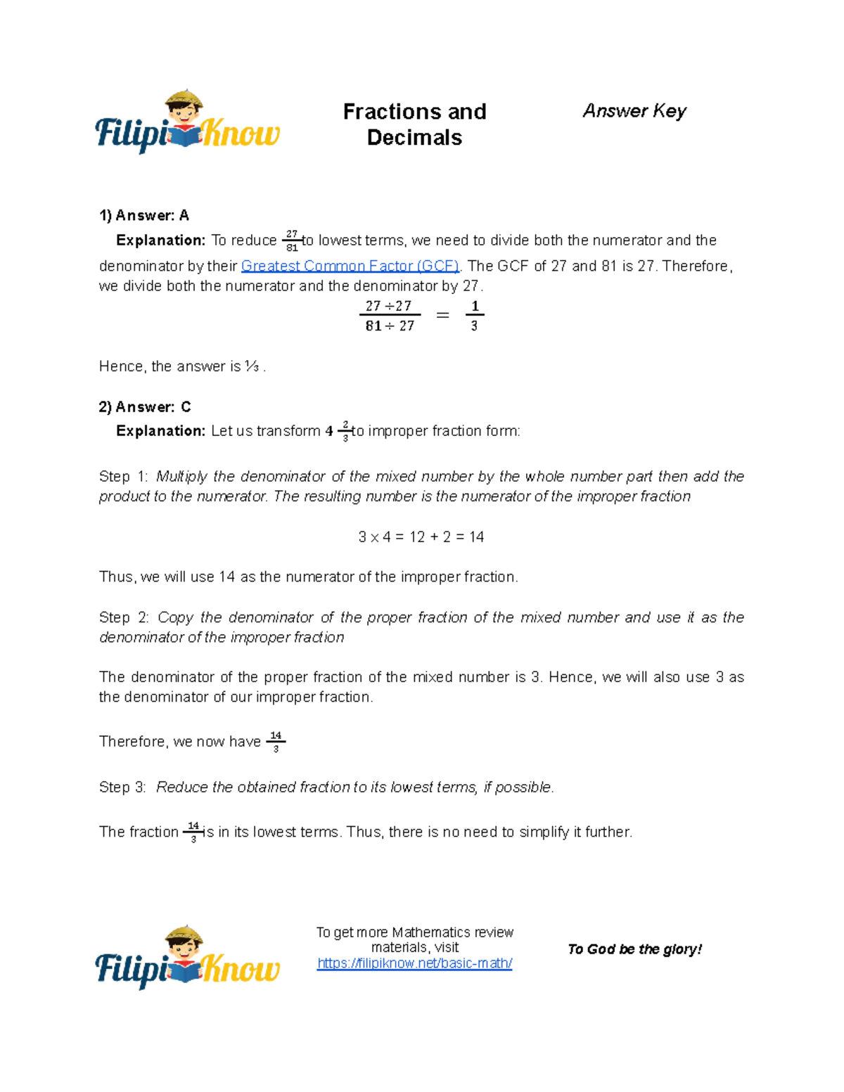 Fractions and Decimals Answer Key - Fractions and Decimals Answer Key 1 ...