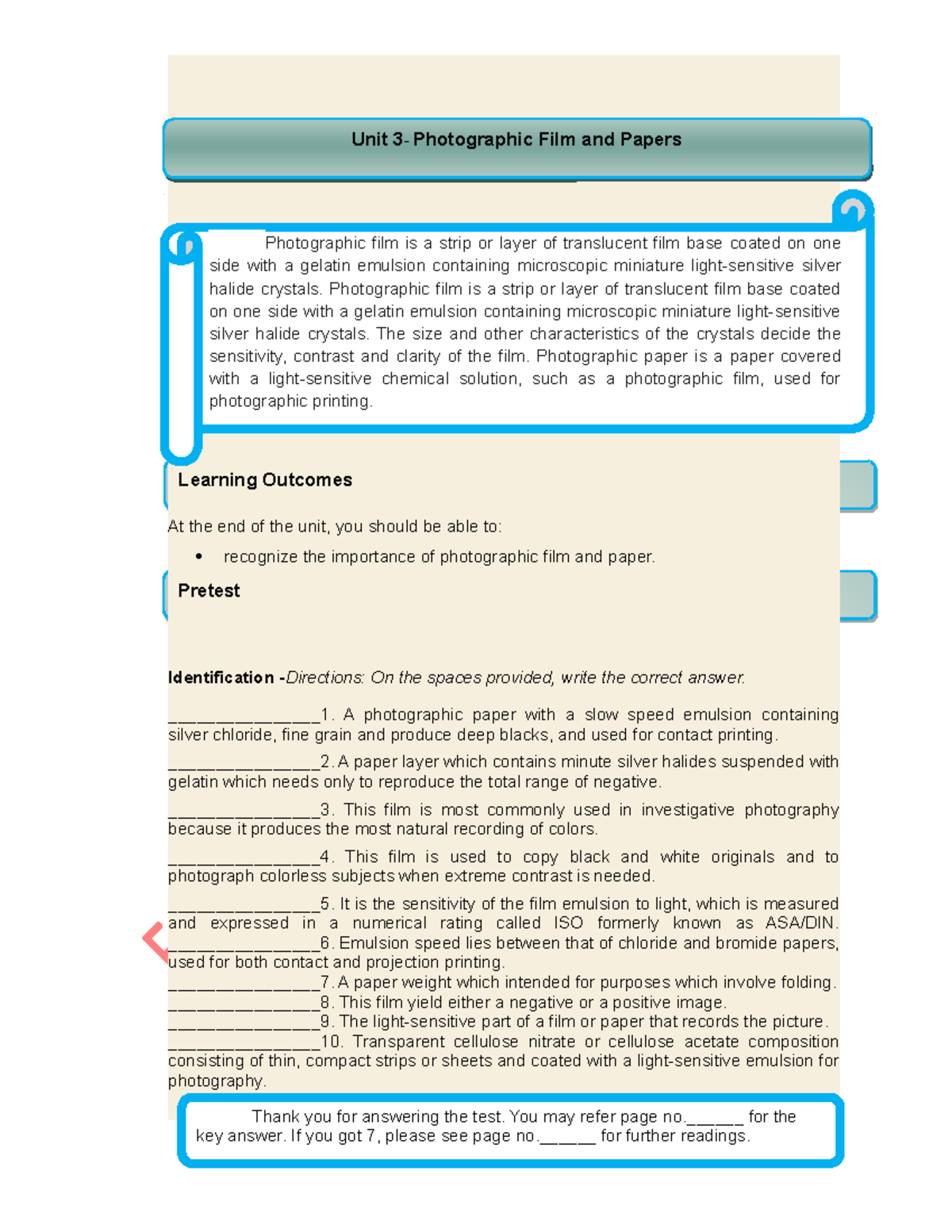 UNIT 3 Final Photography Module - At the end of the unit, you should be ...