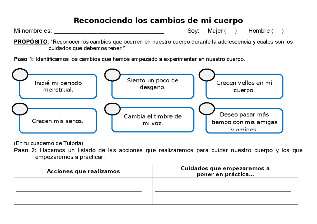 Ficha. Reconociendo los cambios de mi cuerpo. 2° Secundaria - Mi nombre ...