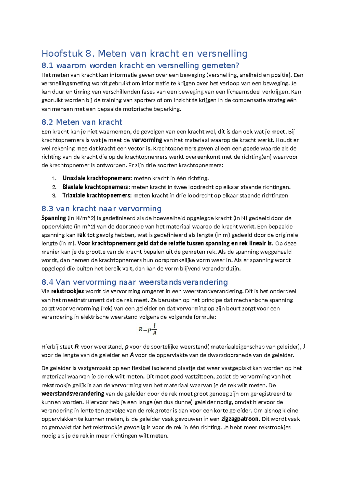 Mvf G samenvatting Hoofstuk 8 - Hoofstuk 8. Meten van kracht en ...