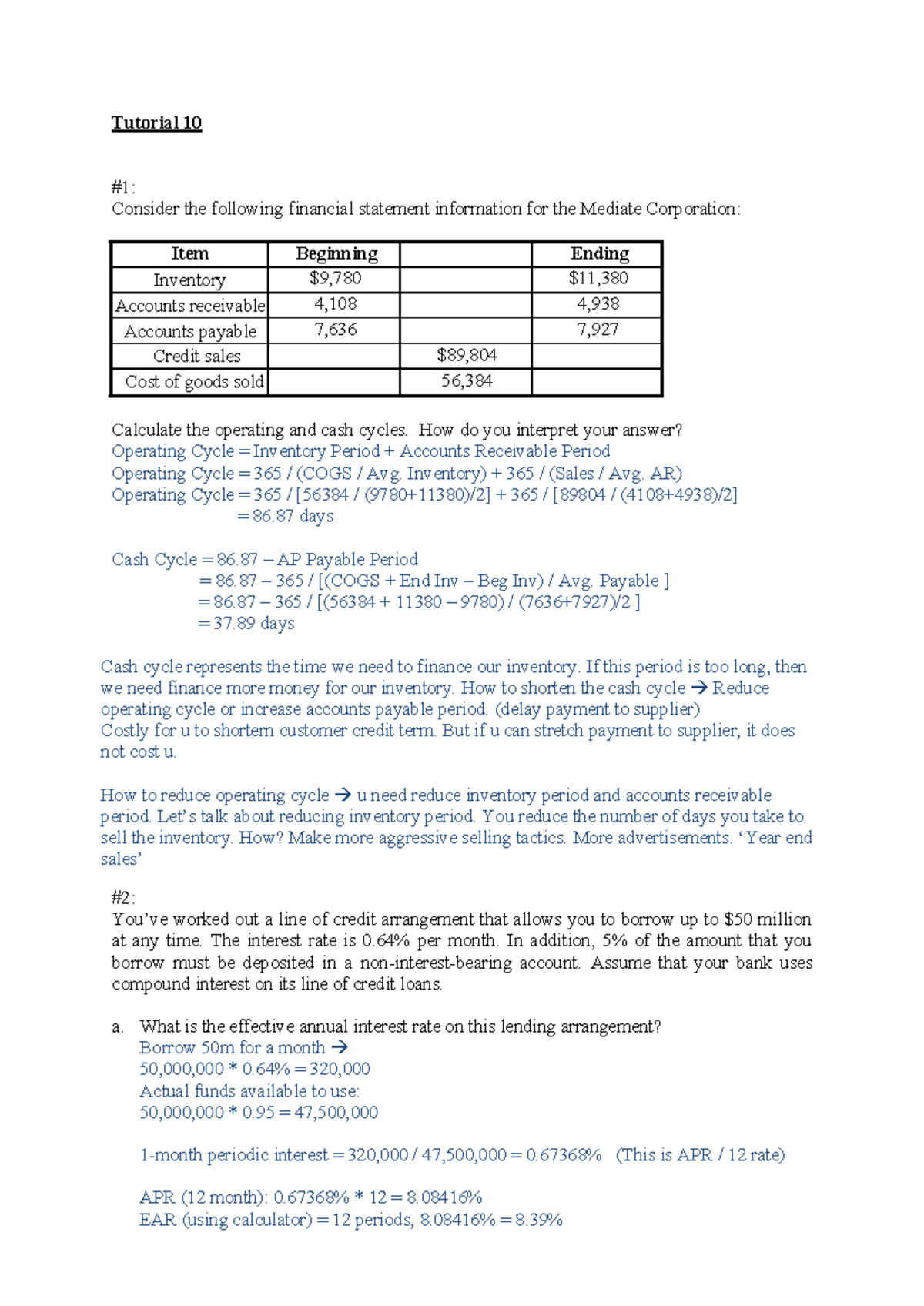 FIN2704 Tutorial 10 Questions - Short Term Financial Planning - Tutorial 10 #1: Consider the ...