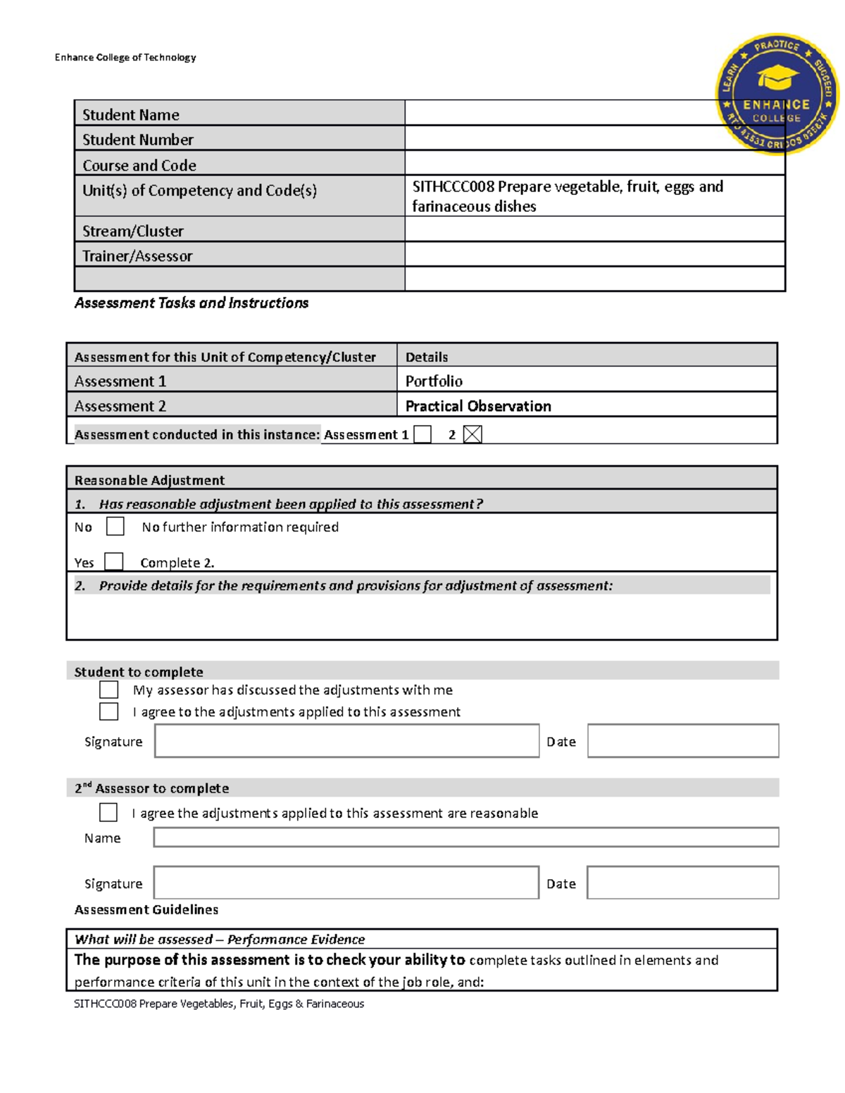 Sithccc 008 Assessment Practical Observation - Student Name Student ...