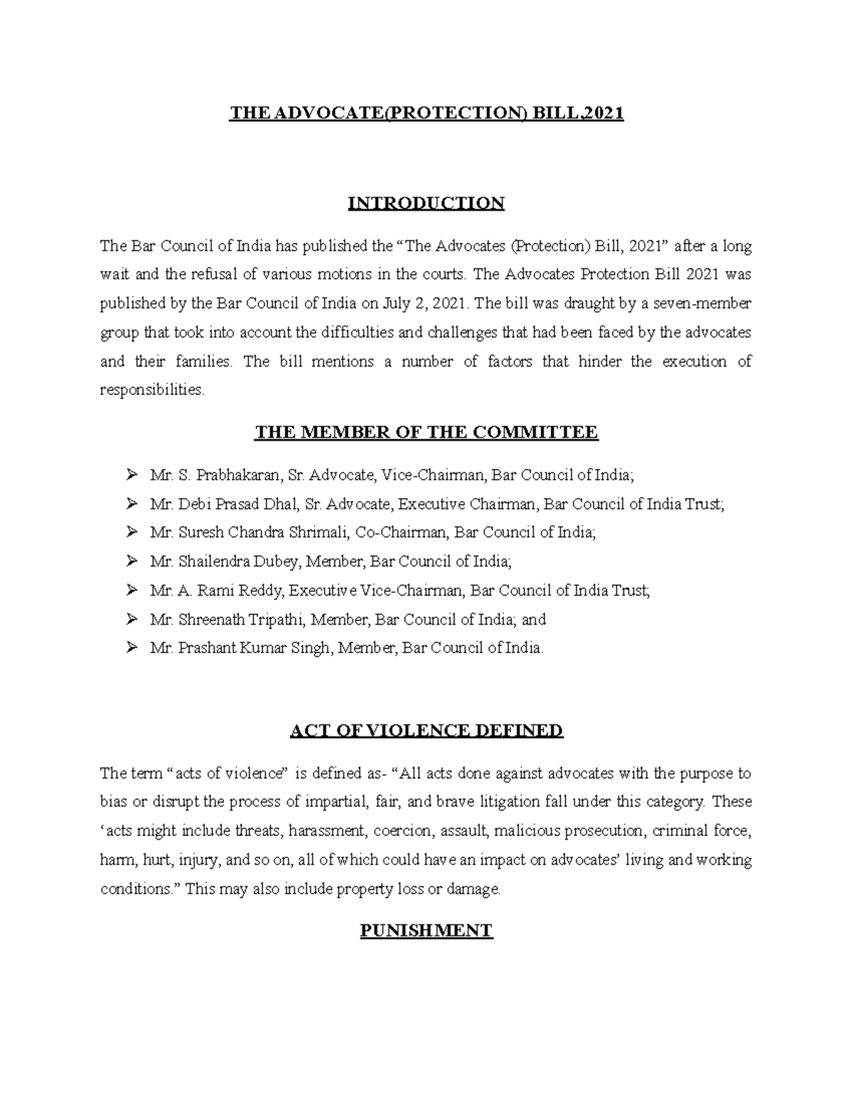 THE Advocate BILL 2021 - THE ADVOCATE(PROTECTION) BILL, INTRODUCTION ...