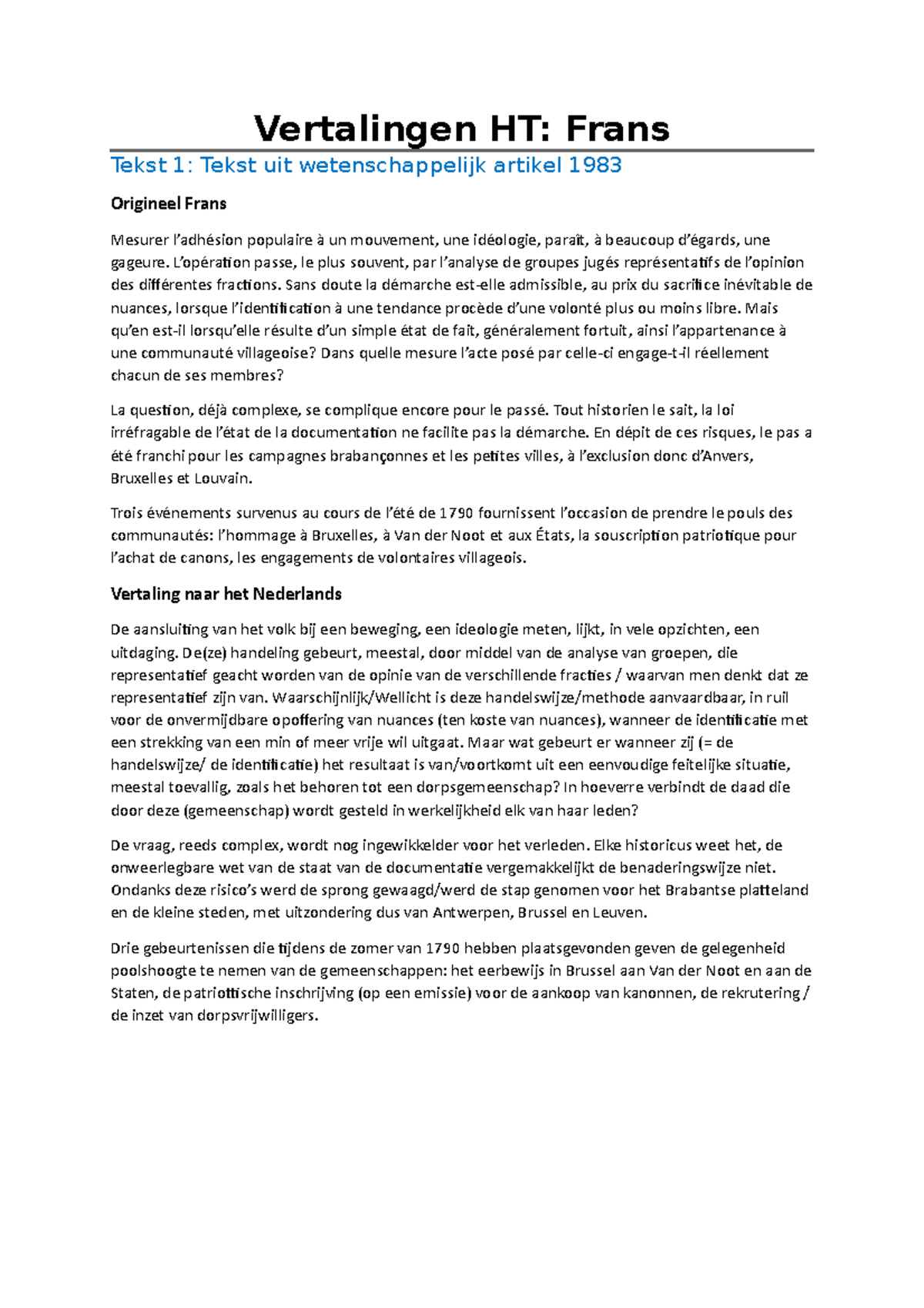 HT Frans vertalingen teksten - Vertalingen HT: Frans Tekst 1: Tekst uit ...