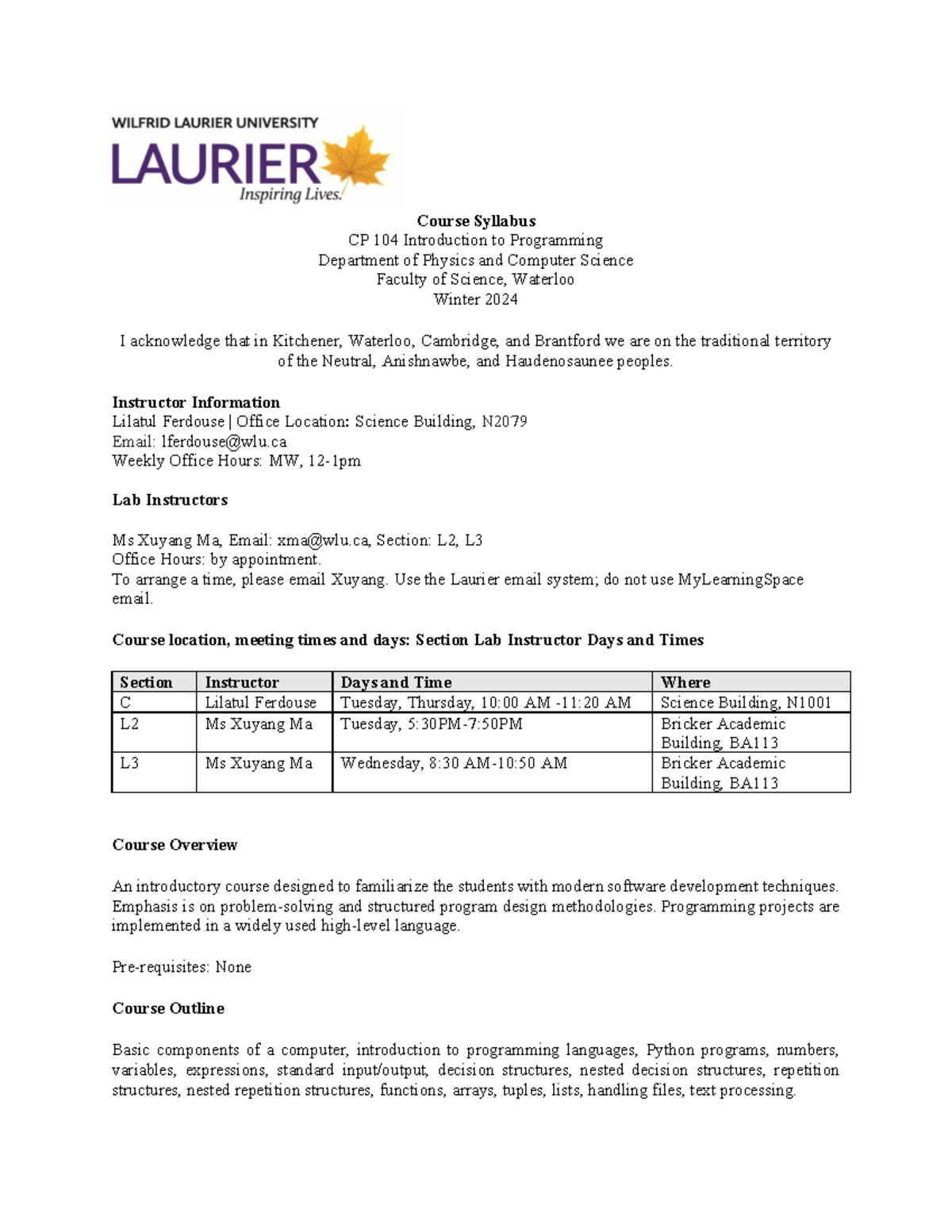 CP104 W24 Lferdouse - syllabus - Course Syllabus CP 104 Introduction to Programming Department ...