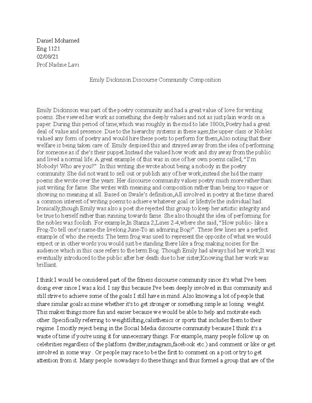 Emily Dickinson Discourse Community Composition - Daniel Mohamed Eng ...