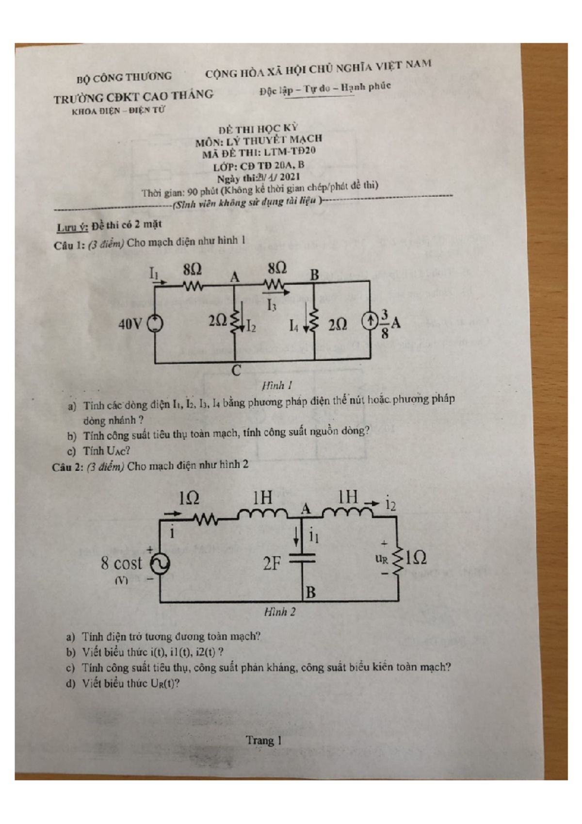DE THI DAP AN-LY Thuyet MACH - Lí thuyết mạch 1 - Studocu