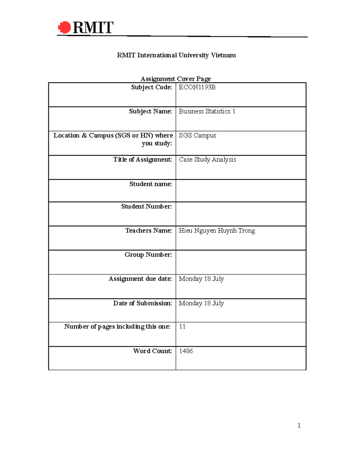 Business Statistics - asm 1 - RMIT International University Vietnam ...