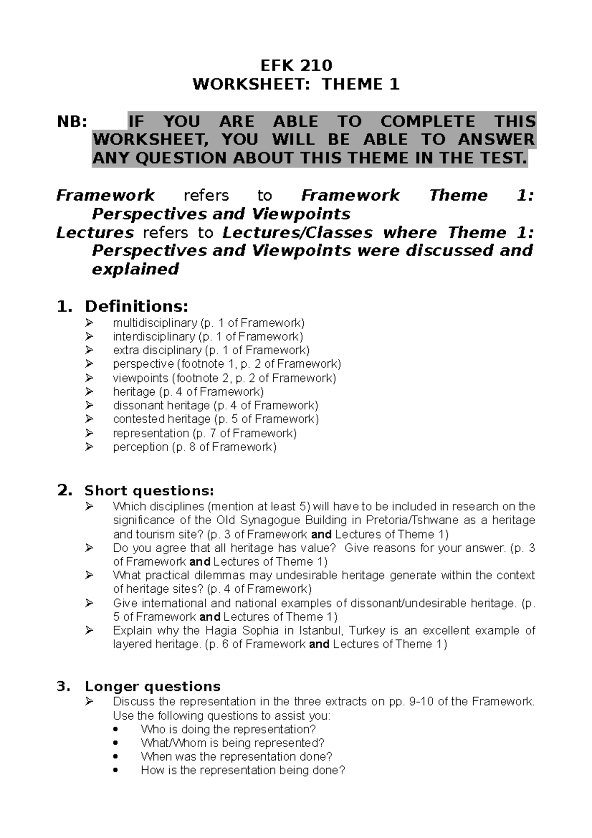 EFK210 Worksheet Theme 1 2023 - EFK 210 WORKSHEET: THEME 1 NB: IF YOU ...