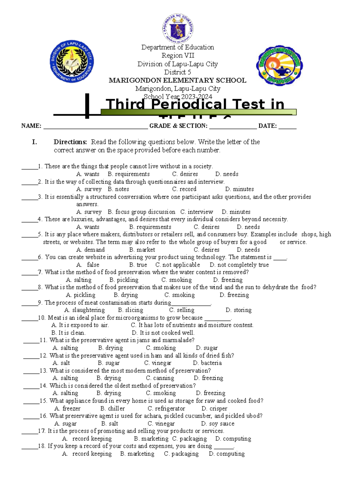 1ST Periodical TEST- H.E. 6 - Department of Education Region VII ...