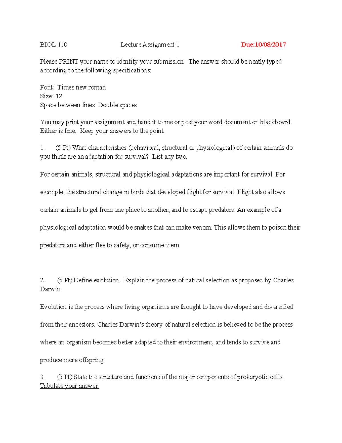 Lecture Assignment 1 - BIOL 110 Lecture Assignment 1 Due:10/08/2017 Please PRINT your name to ...