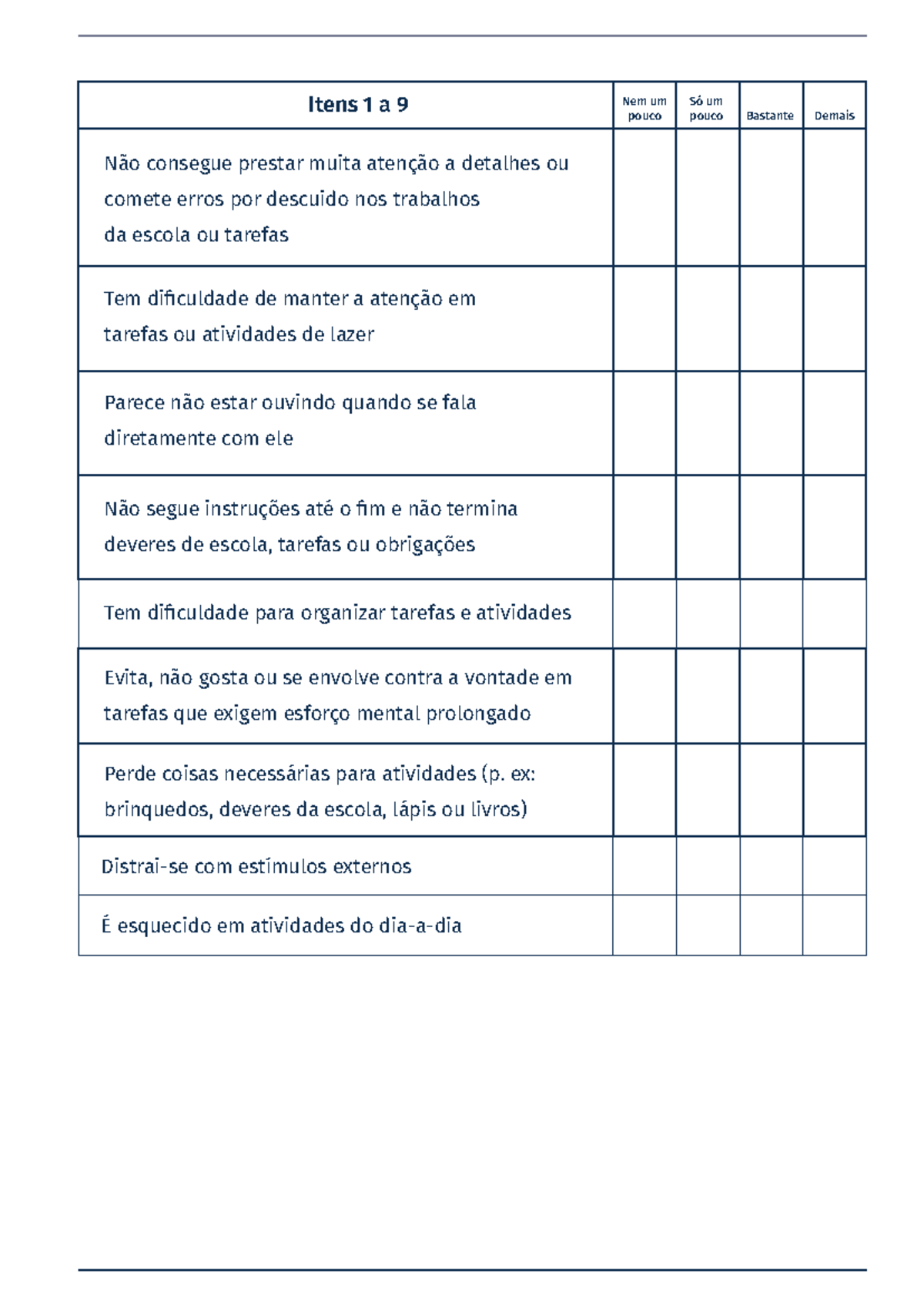 Questionário-TDAH- Crianças - Não consegue prestar muita atenção a ...