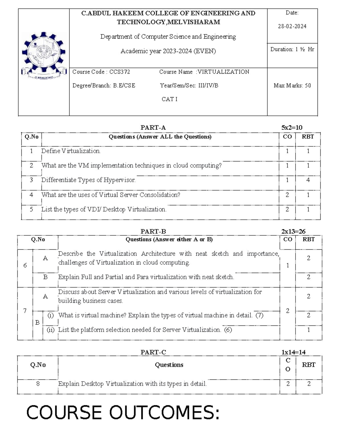 CAT 1 QP - nil - C HAKEEM COLLEGE OF ENGINEERING AND TECHNOLOGY,MELVISHARAM Department of ...