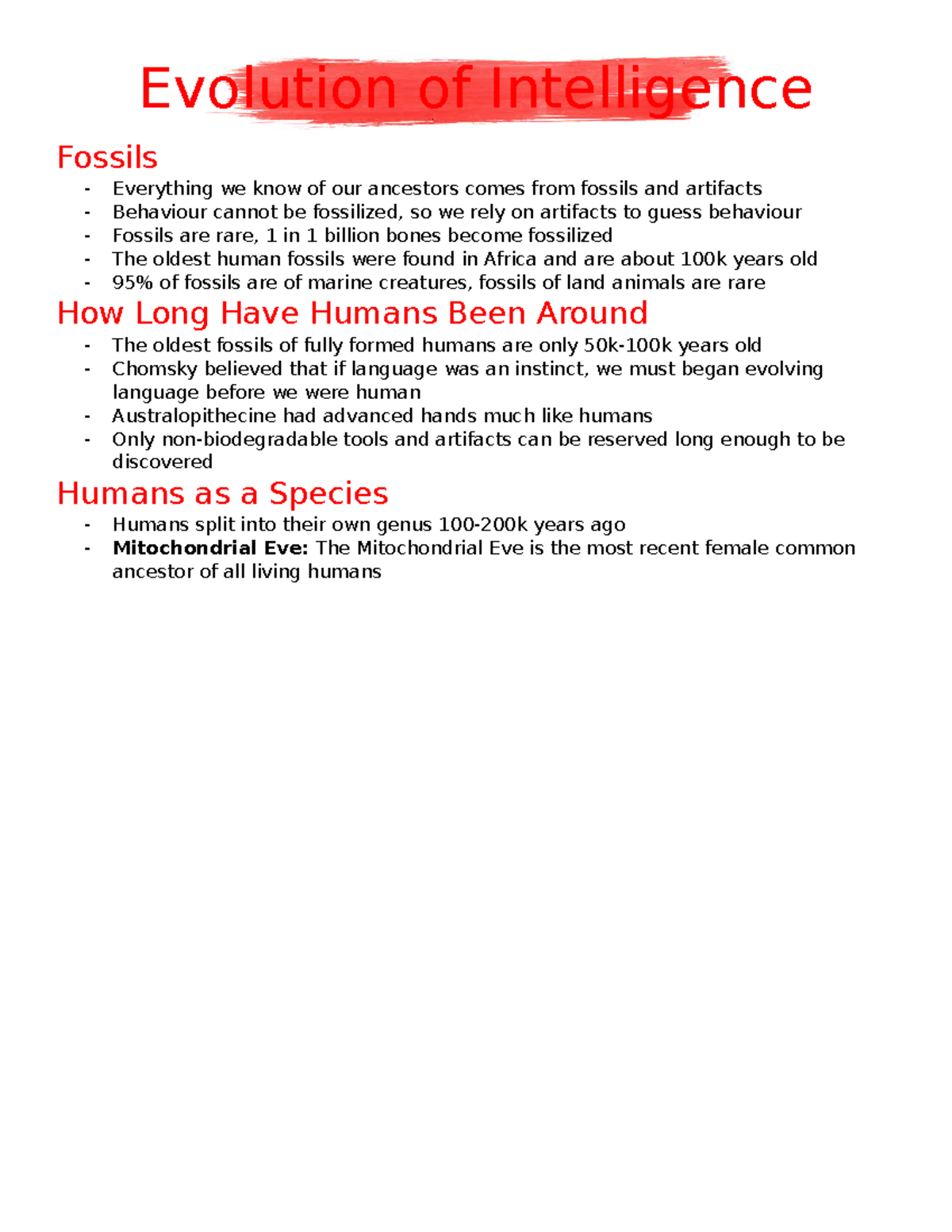 Evolution of Intelligence - Notes - Evolution of Intelligence Fossils ...