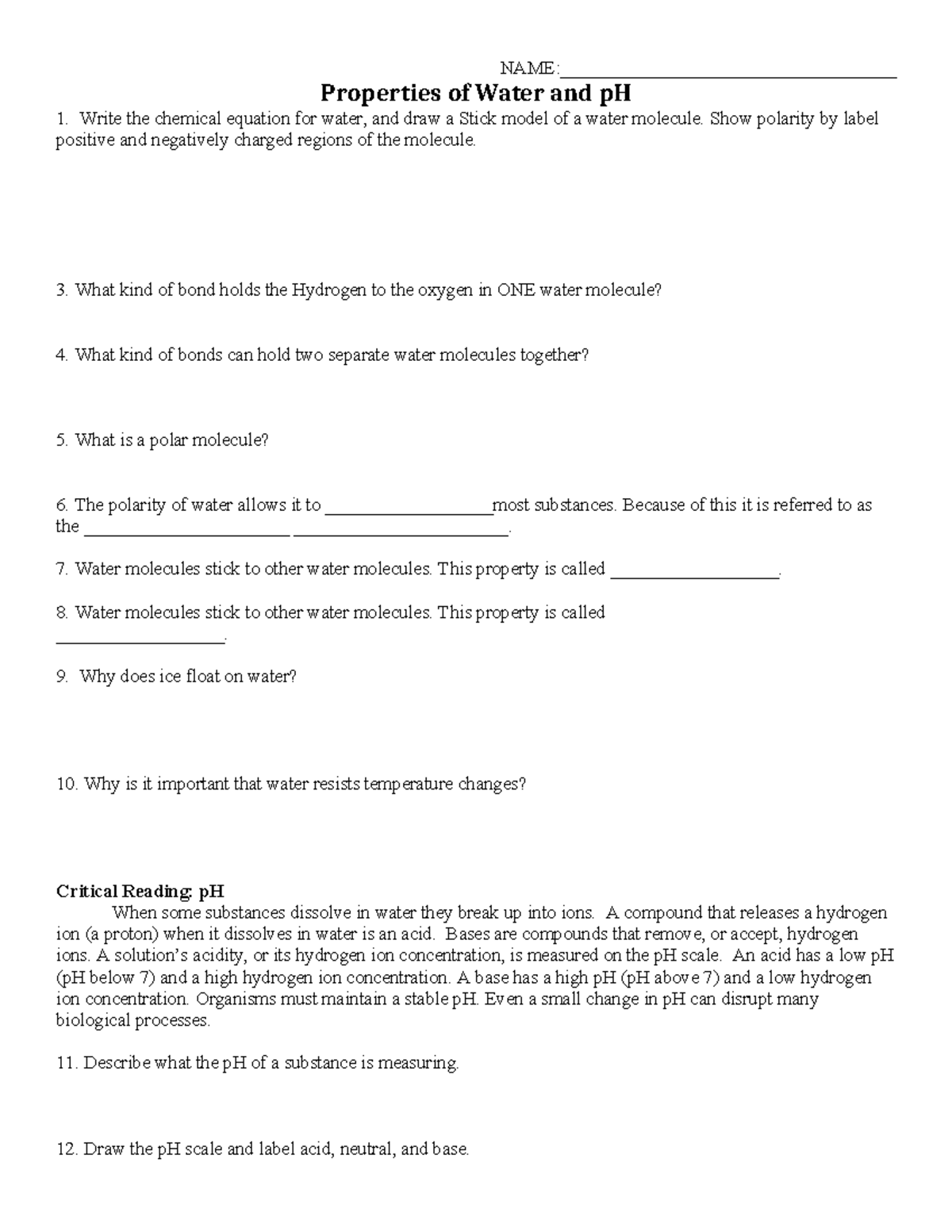 Properties of Water and p H Worksheet - NAME ...