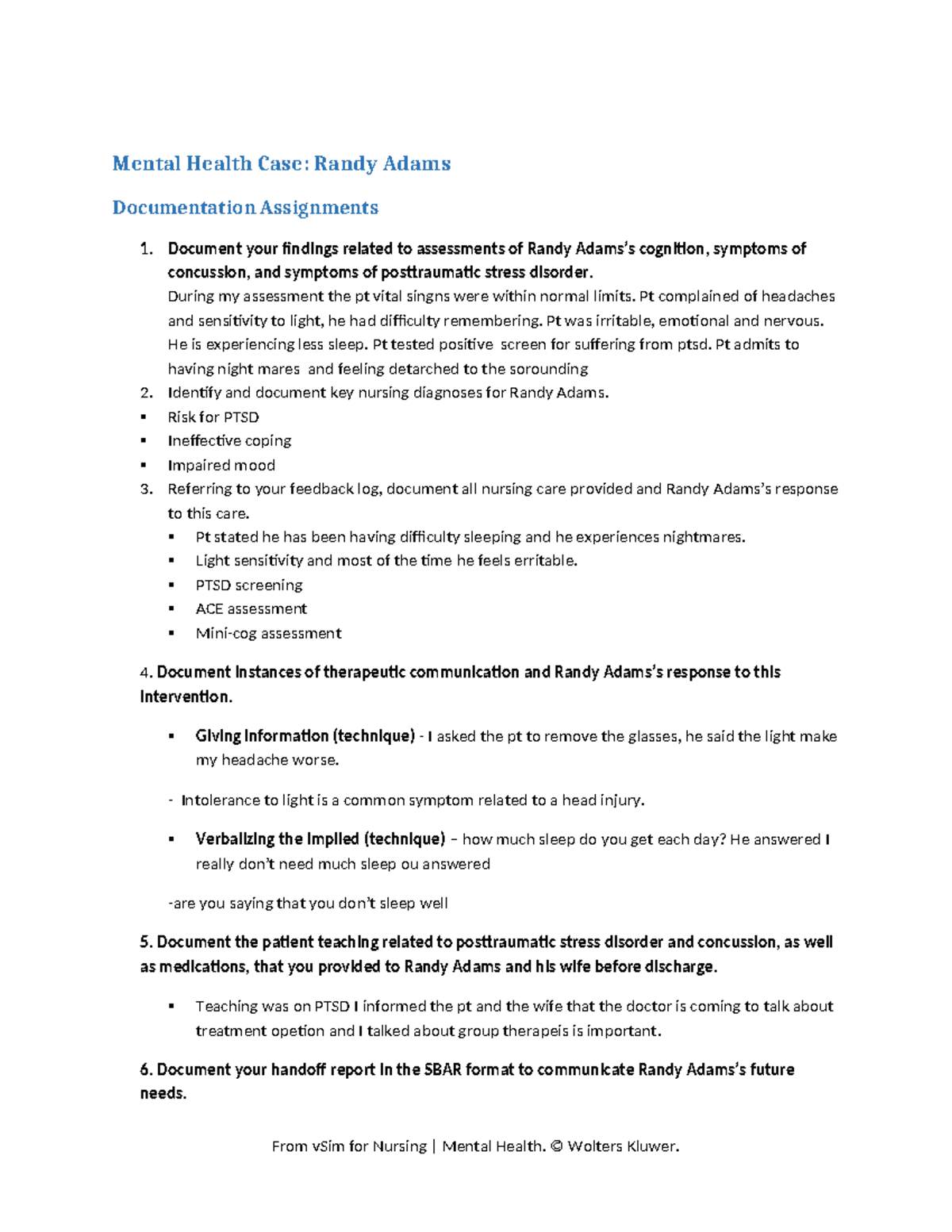 V Sim2 - Mental Health Case: Randy Adams Documentation Assignments 1 ...