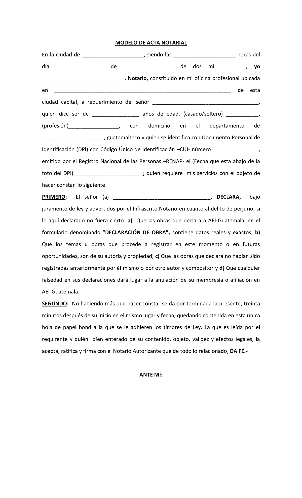 Modelodeunactonotarialhancel - MODELO DE ACTA NOTARIAL En la ciudad de ...