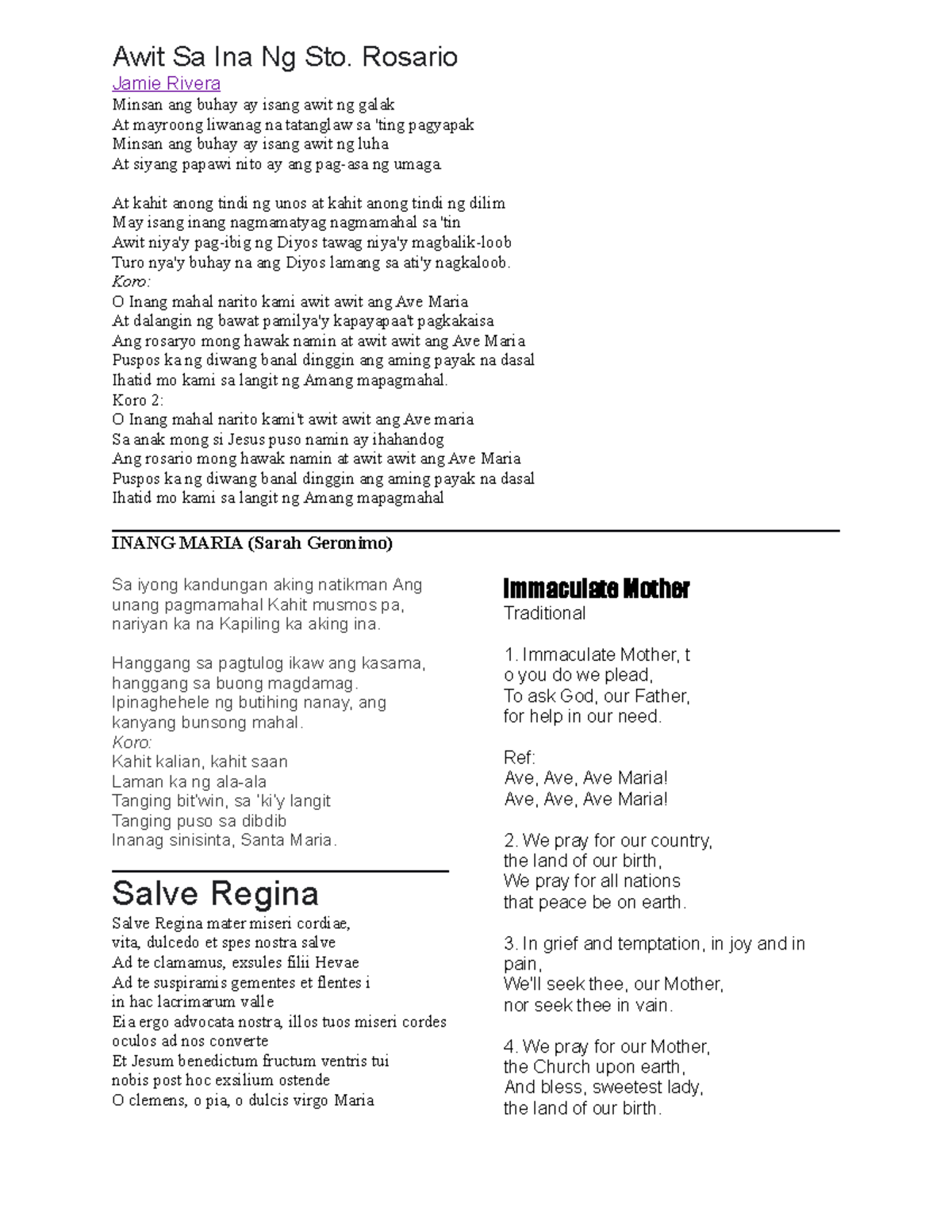 Marian Hymns - Awit Sa Ina Ng Sto. Rosario Jamie Rivera Minsan ang ...