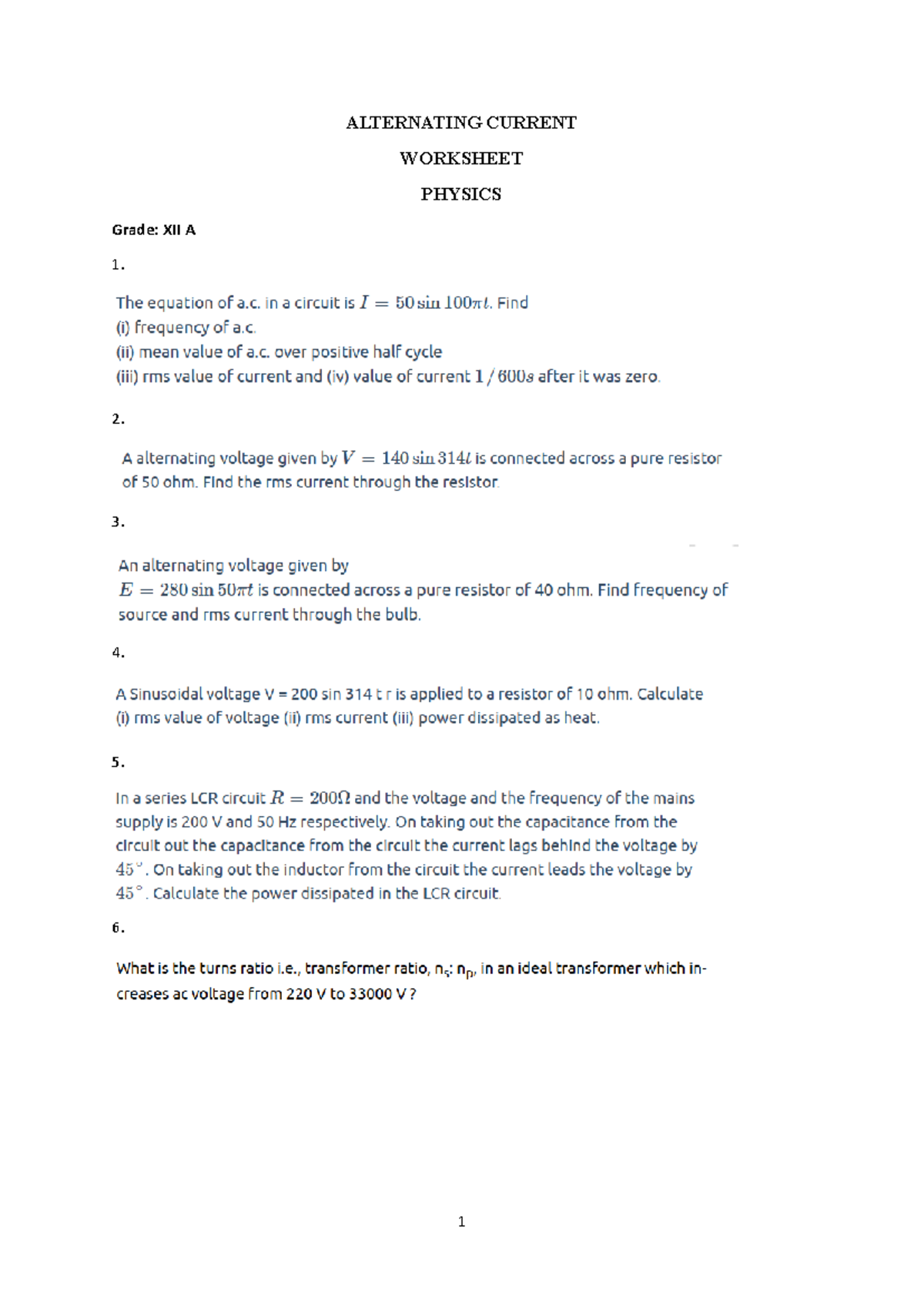 AC XII A ISC WS - nil - Physics HL - 1 ALTERNATING CURRENT WORKSHEET ...
