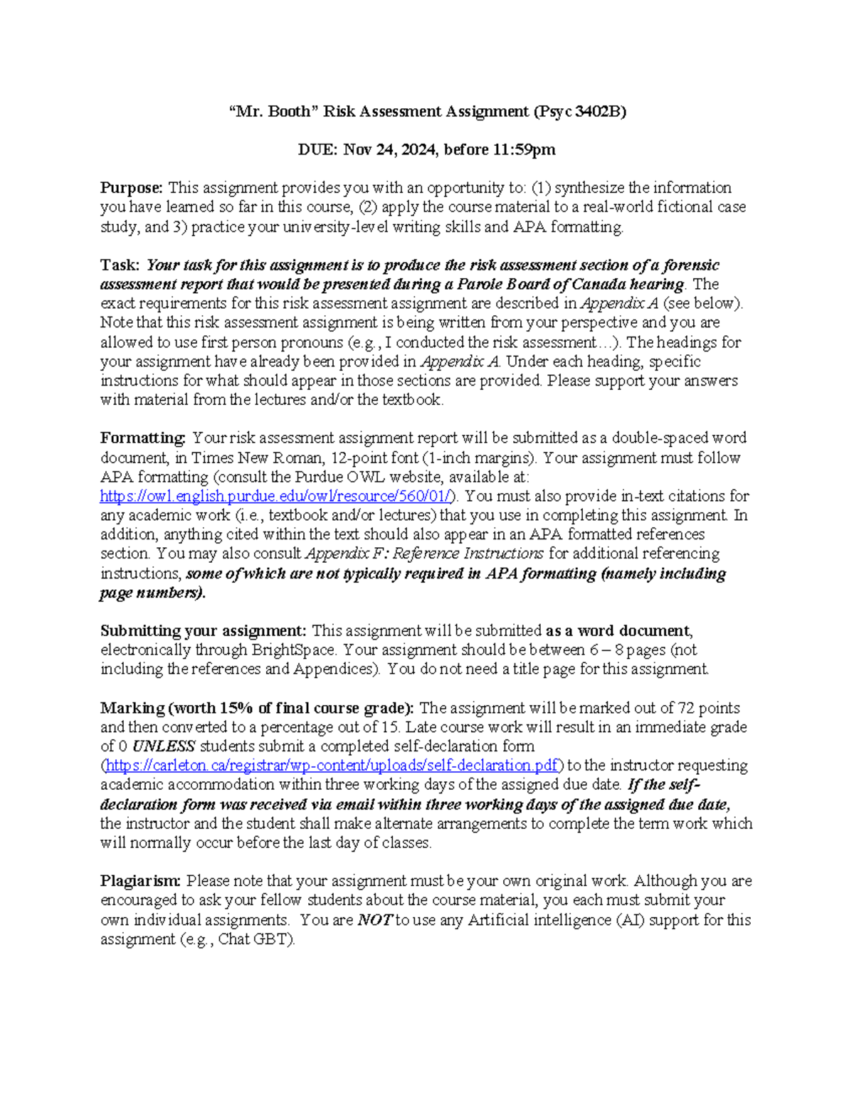 Risk assessment assignment instructions - “Mr. Booth” Risk Assessment ...