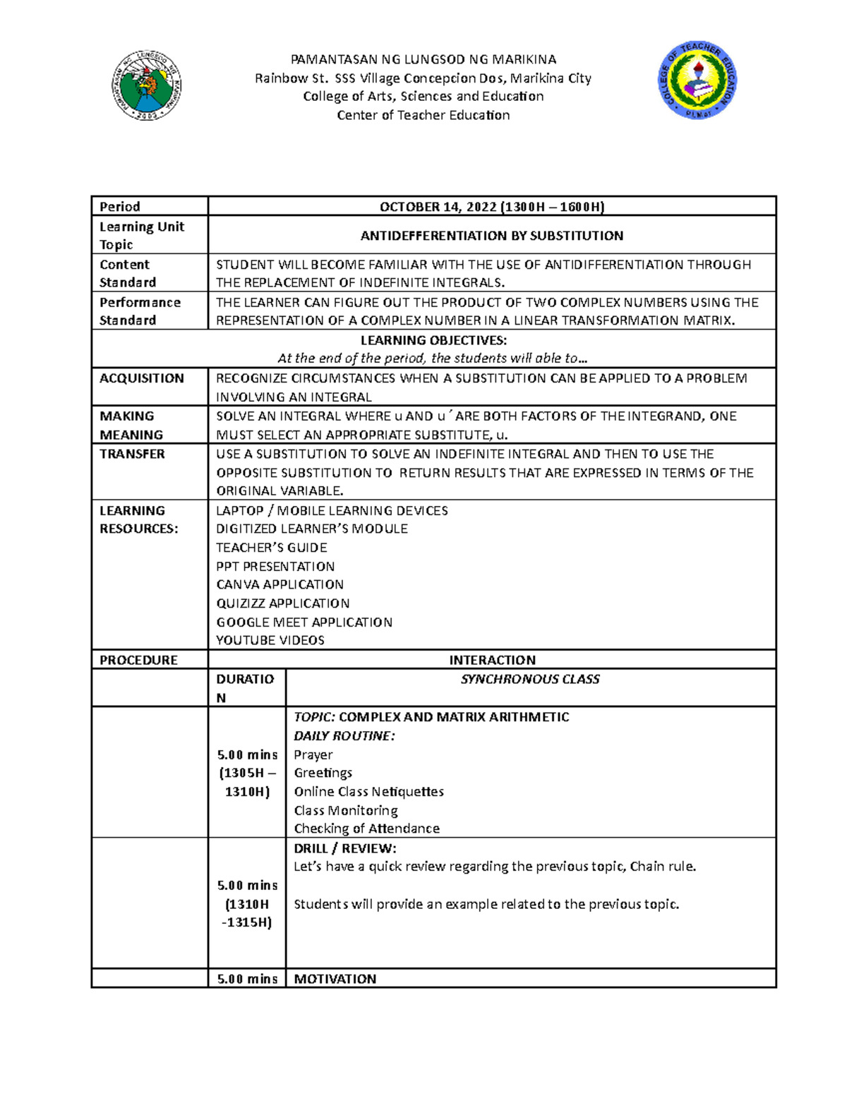 Detailed Lesson Plan for Antidifferentiation by Substitution ...