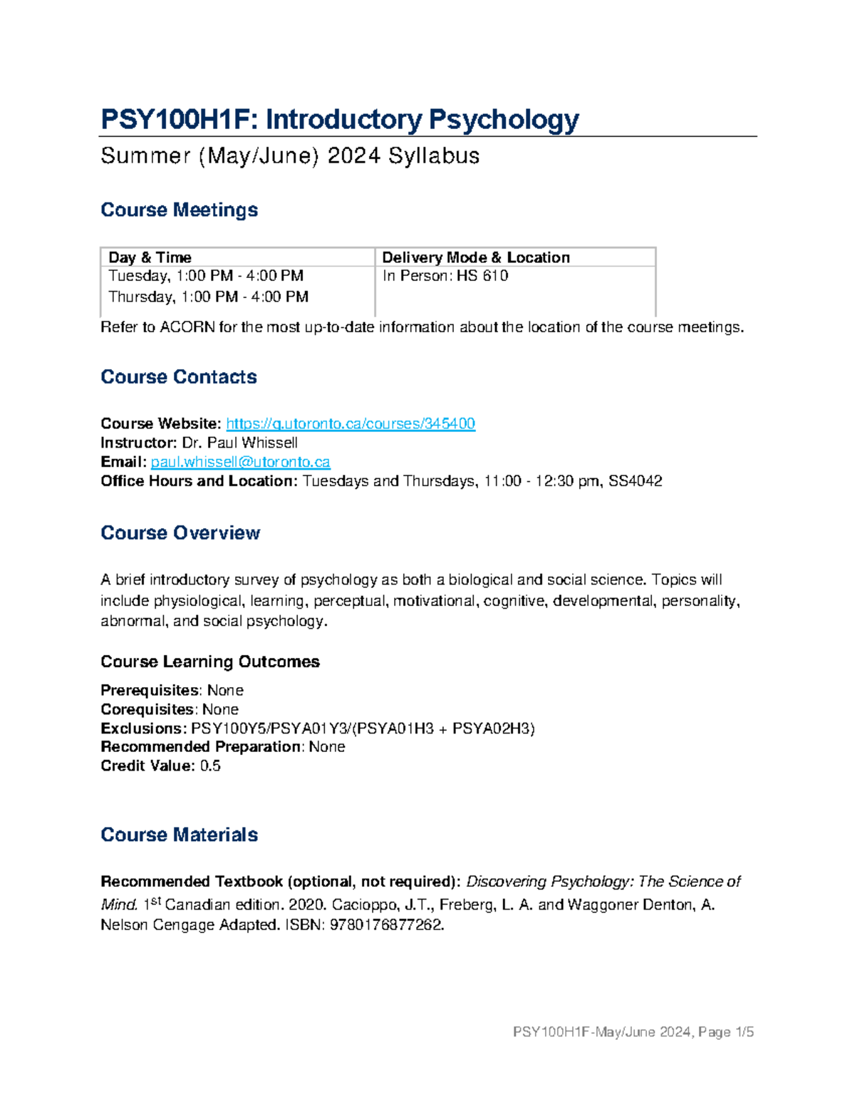 PSY100H1F-May June 2024-Syllabus - PSY100H1F: Introductory Psychology ...