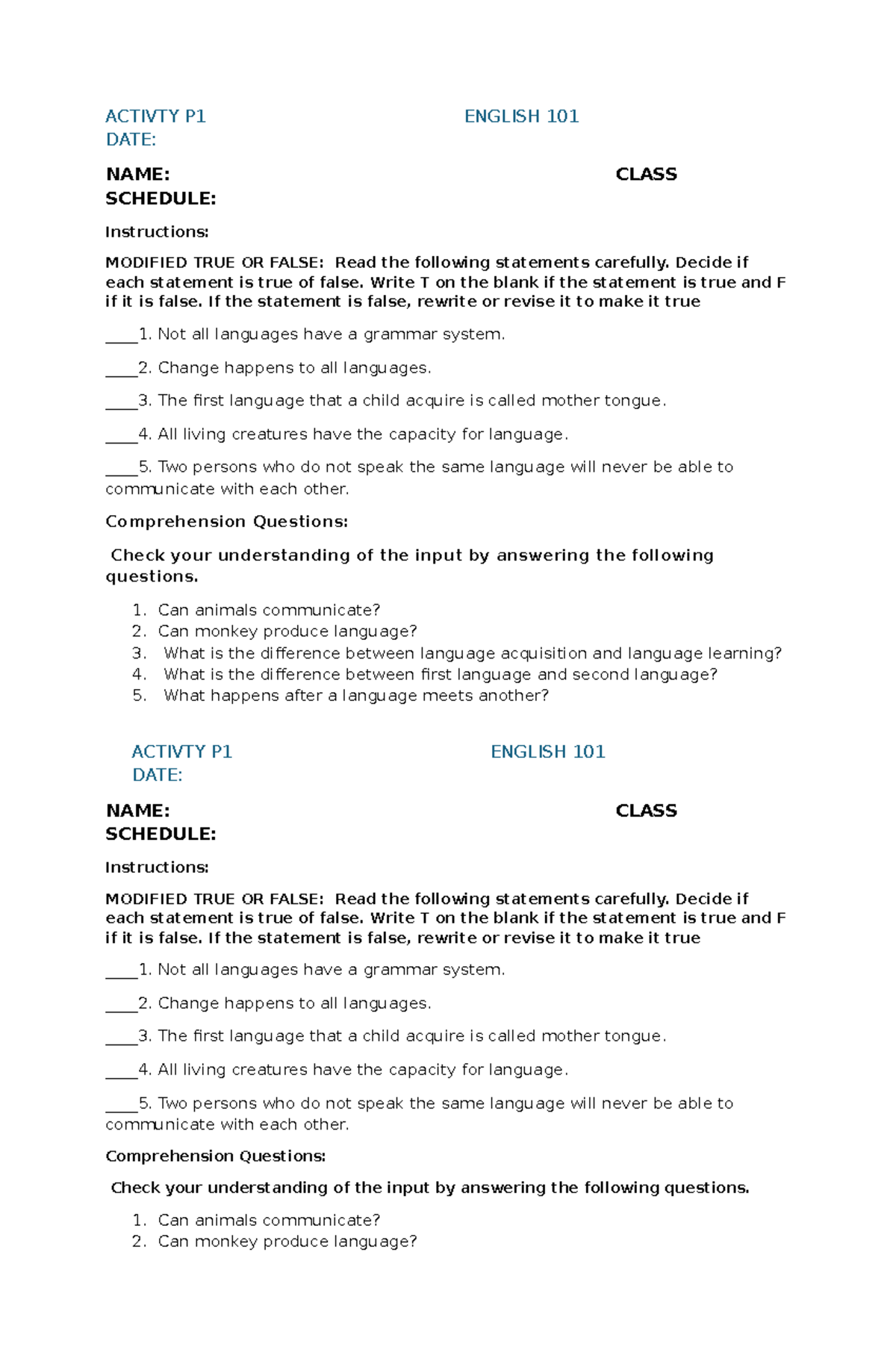 Activity p1 engl 101 - assessment - ACTIVTY P1 ENGLISH 101 DATE: NAME ...