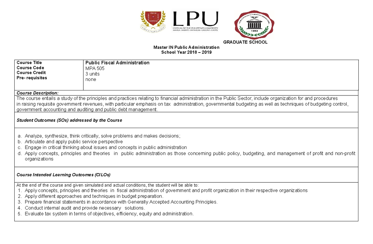 MPA 505 Course Syllabus Pub Fiscal Adm 2023 2024 - GRADUATE SCHOOL ...