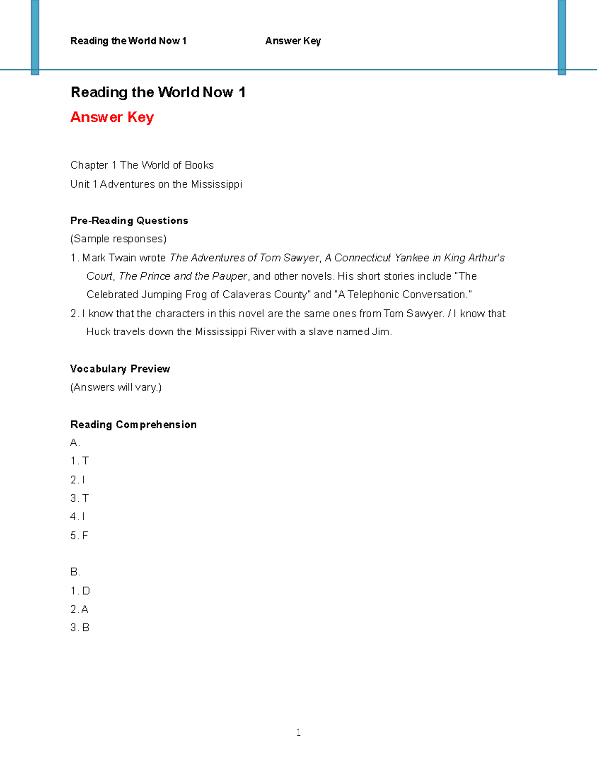 영어읽기 김옥수 교수님 reading the world now 교제 - Reading the World Now 1 Answer ...