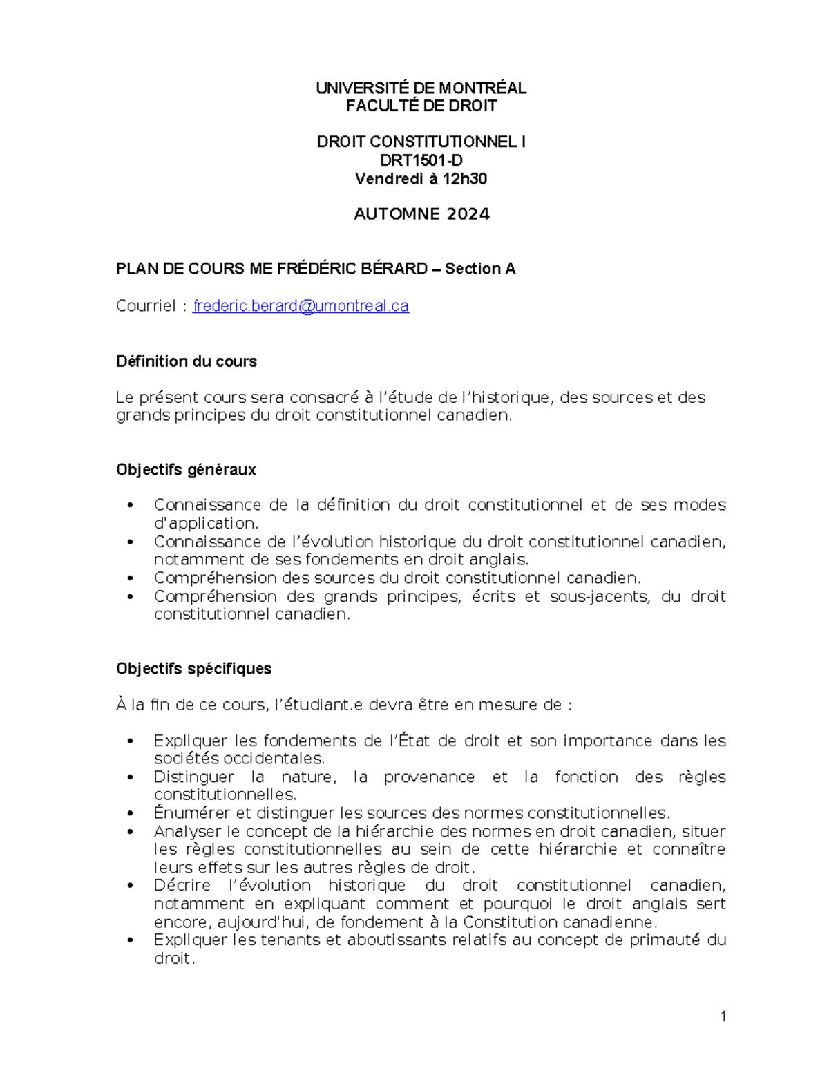Plan de cours droit constitutionnel 1 - UNIVERSITÉ DE MONTRÉAL FACULTÉ ...