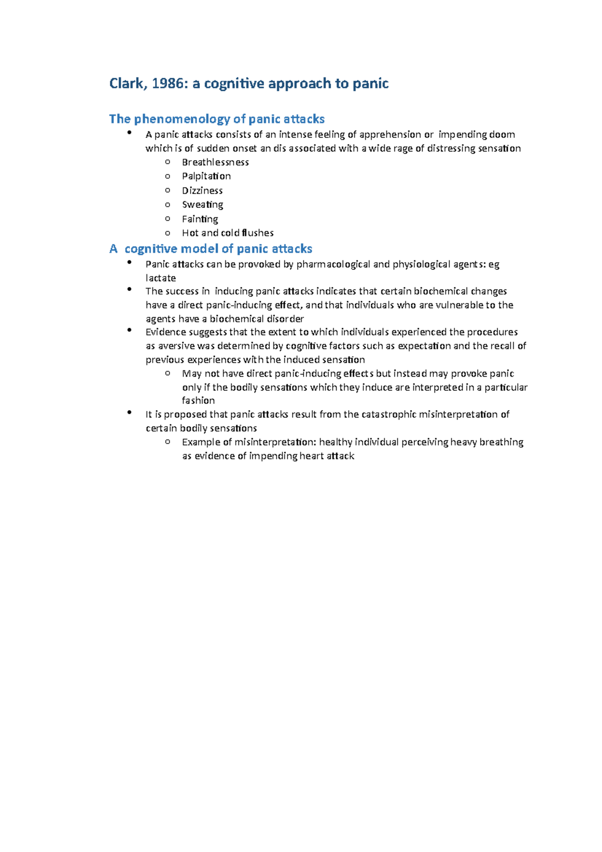 Readining notes week 3 - Clark, 1986: a cognitive approach to panic The ...