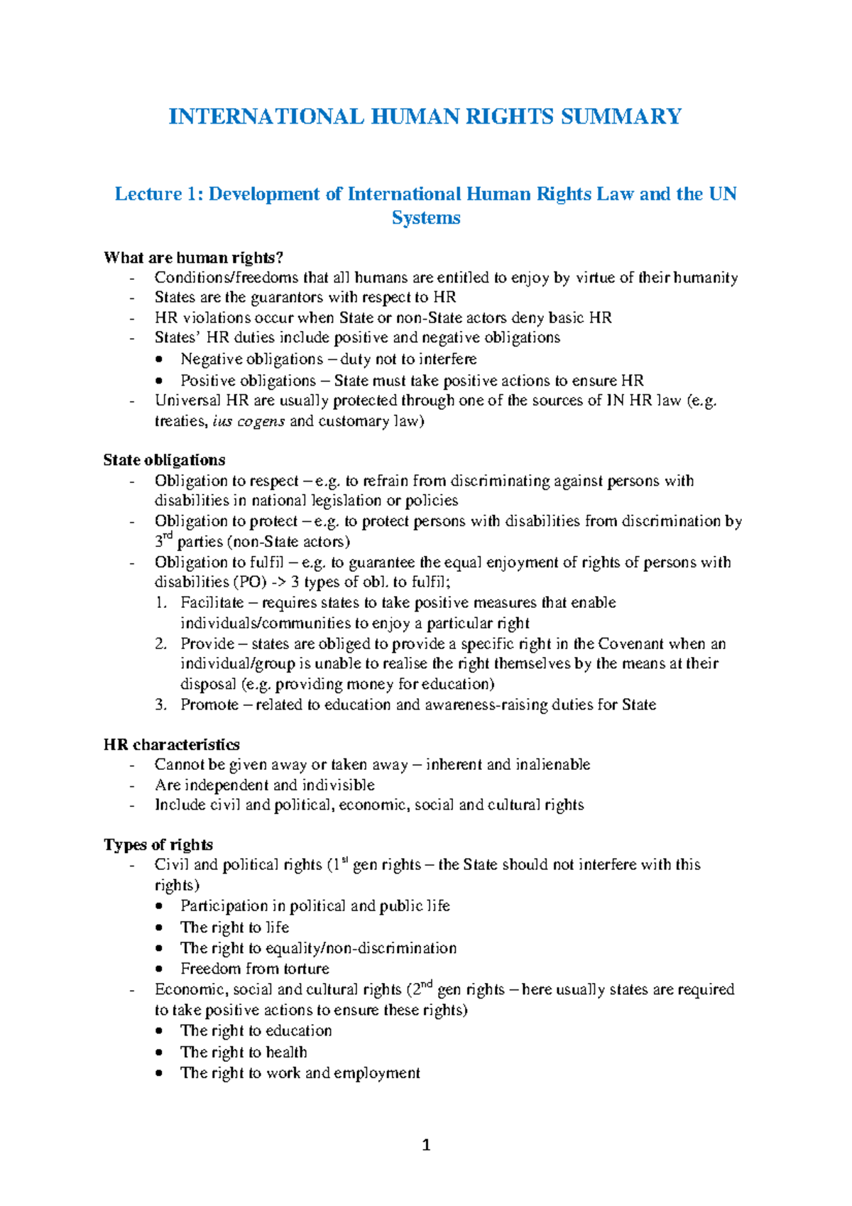 International Human Rights Summary - INTERNATIONAL HUMAN RIGHTS 1 ...