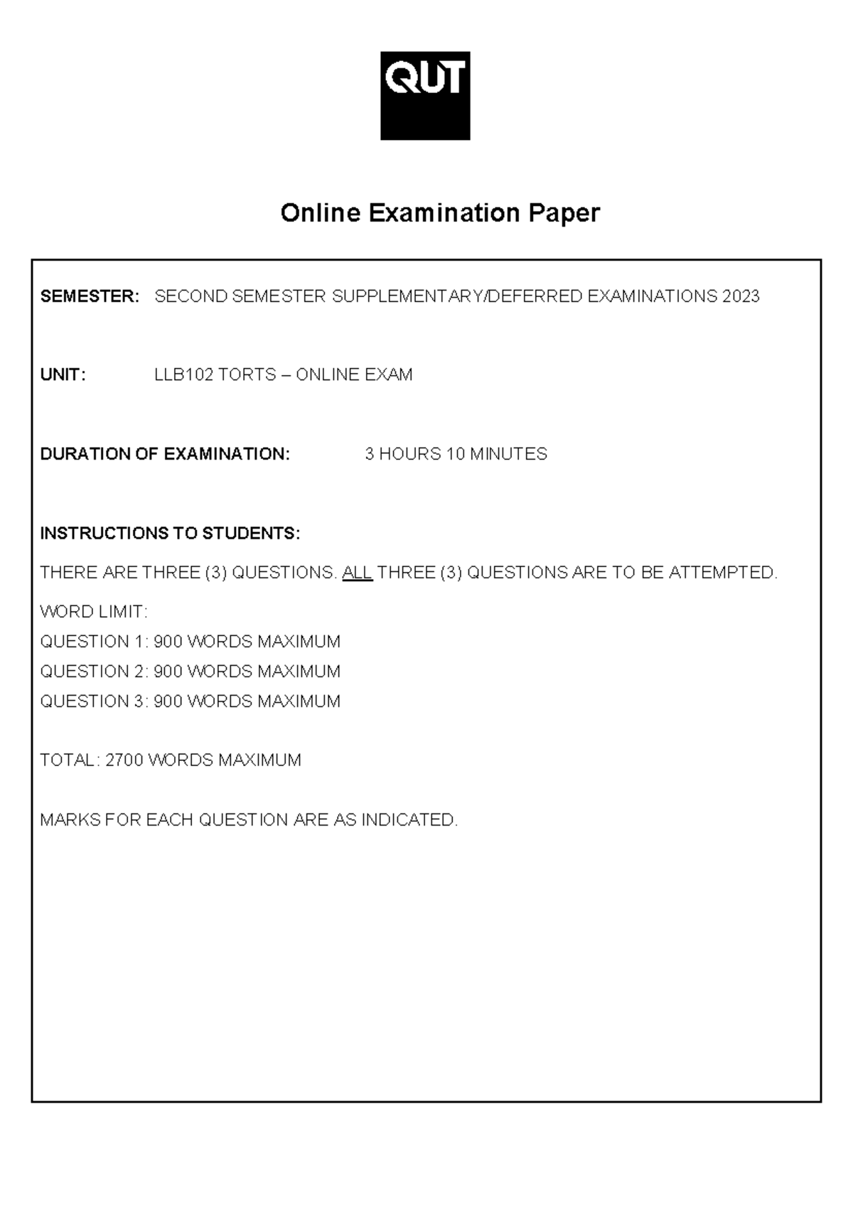 LLB102 2023 2 Deferred exam - Online Examination Paper SEMESTER: SECOND ...