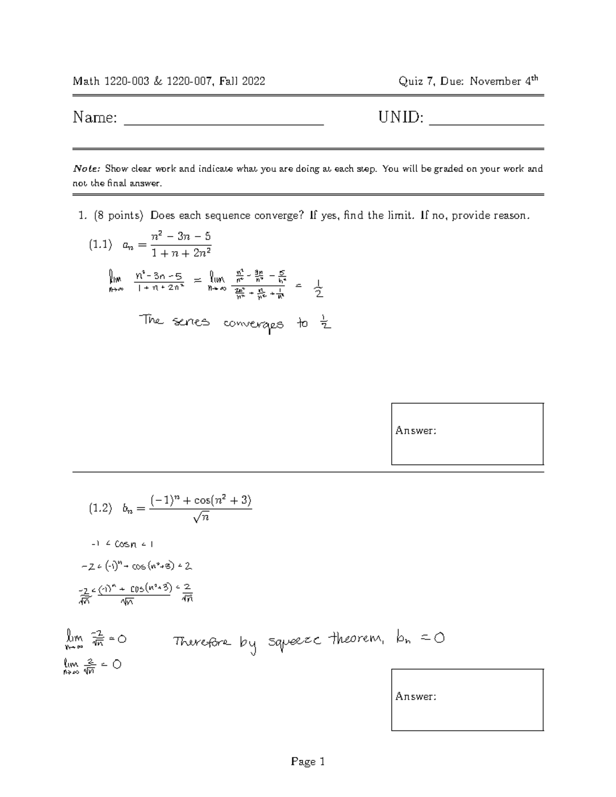 Calculus 2 Quiz 7 - ####### Math 1220-003 & 1220-007, Fall 2022 Quiz 7 ...