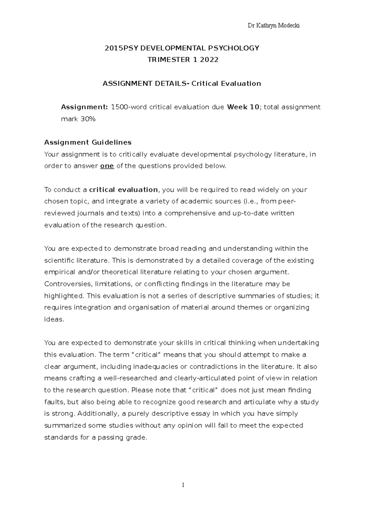 2015 PSY Assignment Details & Marking Criteria 2022(1) - 2015PSY ...