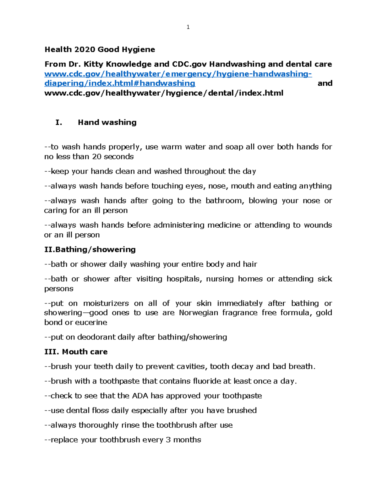 Good Hygeine - HLTH - 1 Health 2020 Good Hygiene From Dr. Kitty ...