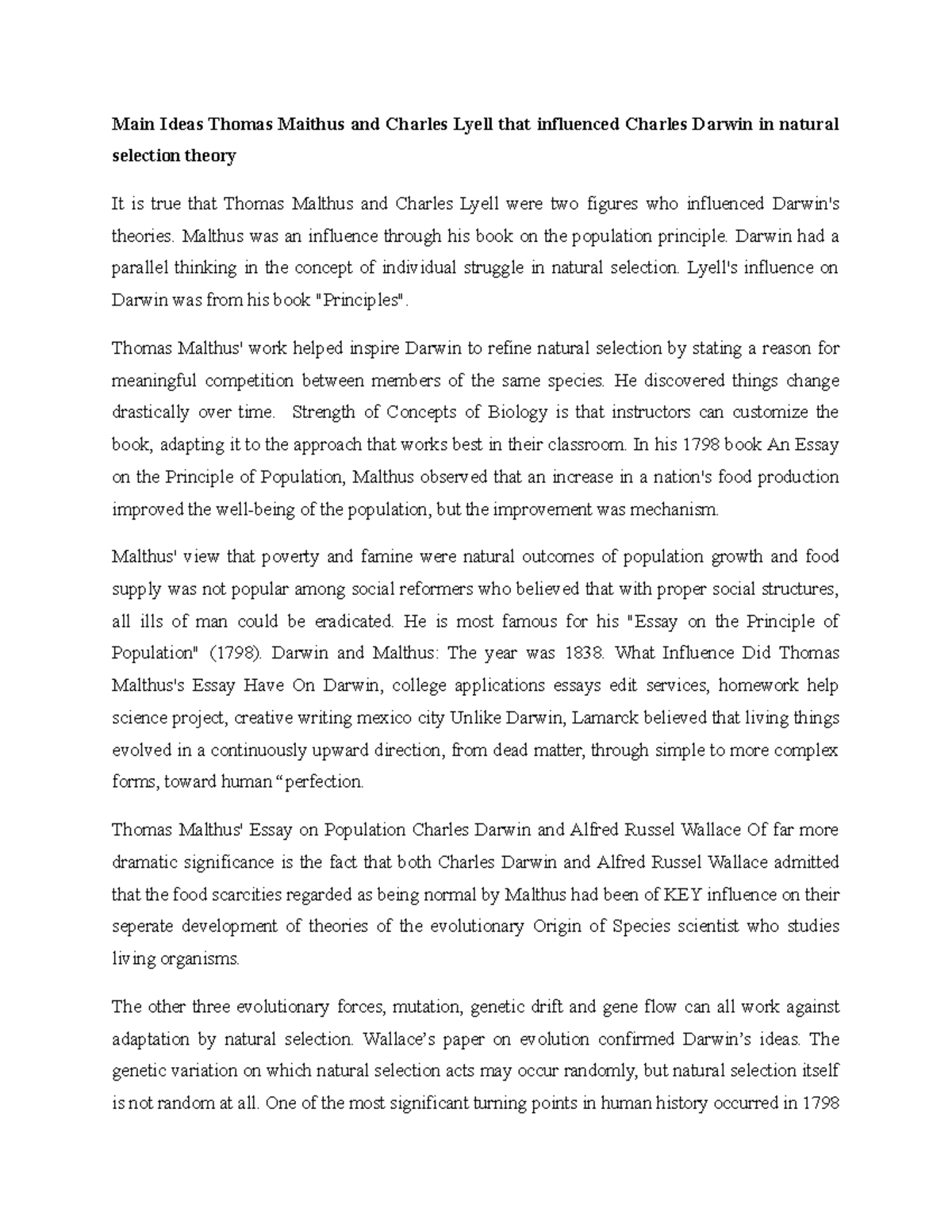 Matheka - Assignment - Main Ideas Thomas Maithus and Charles Lyell that ...