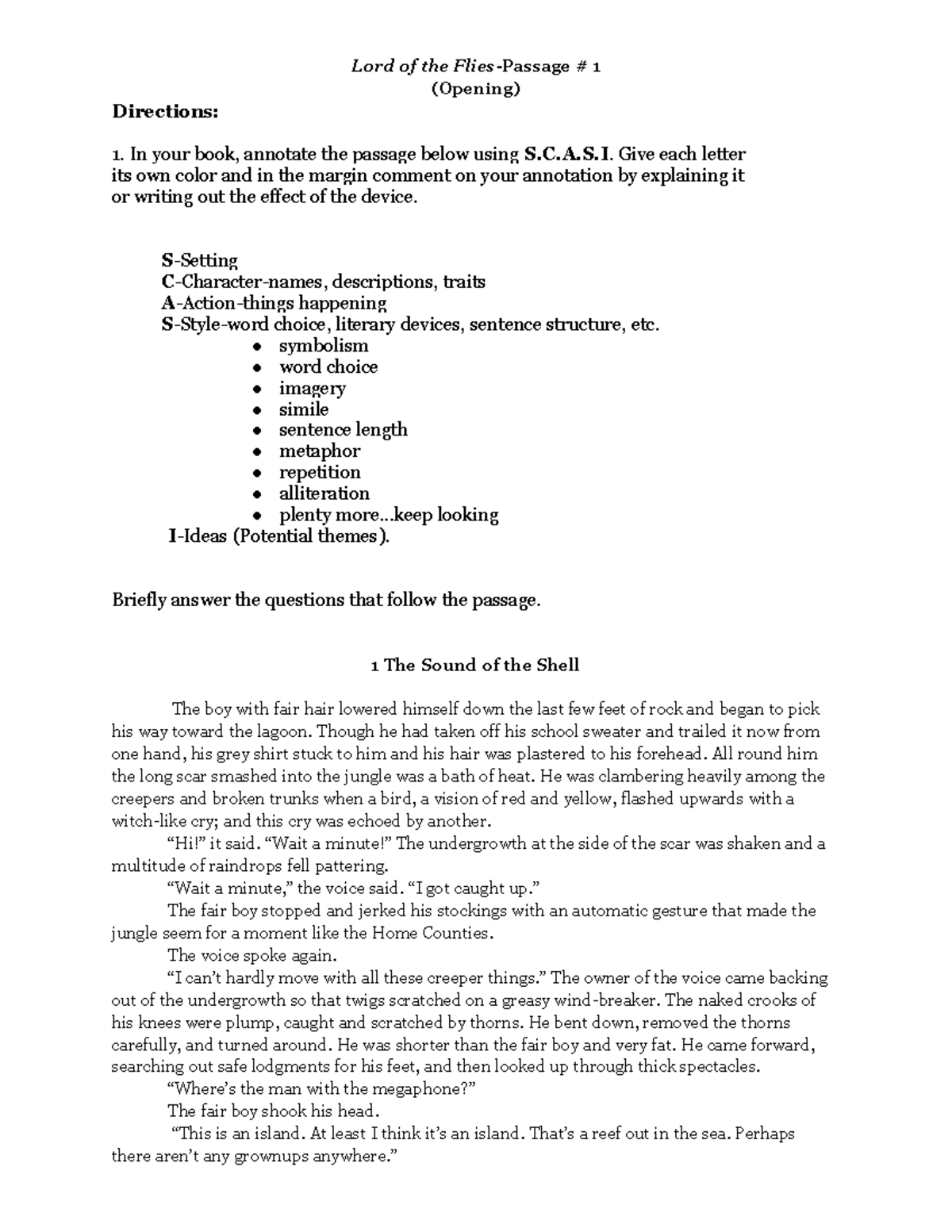 Lord of the Flies-Close Reading Passage 1 - Lord of the Flies-Passage ...